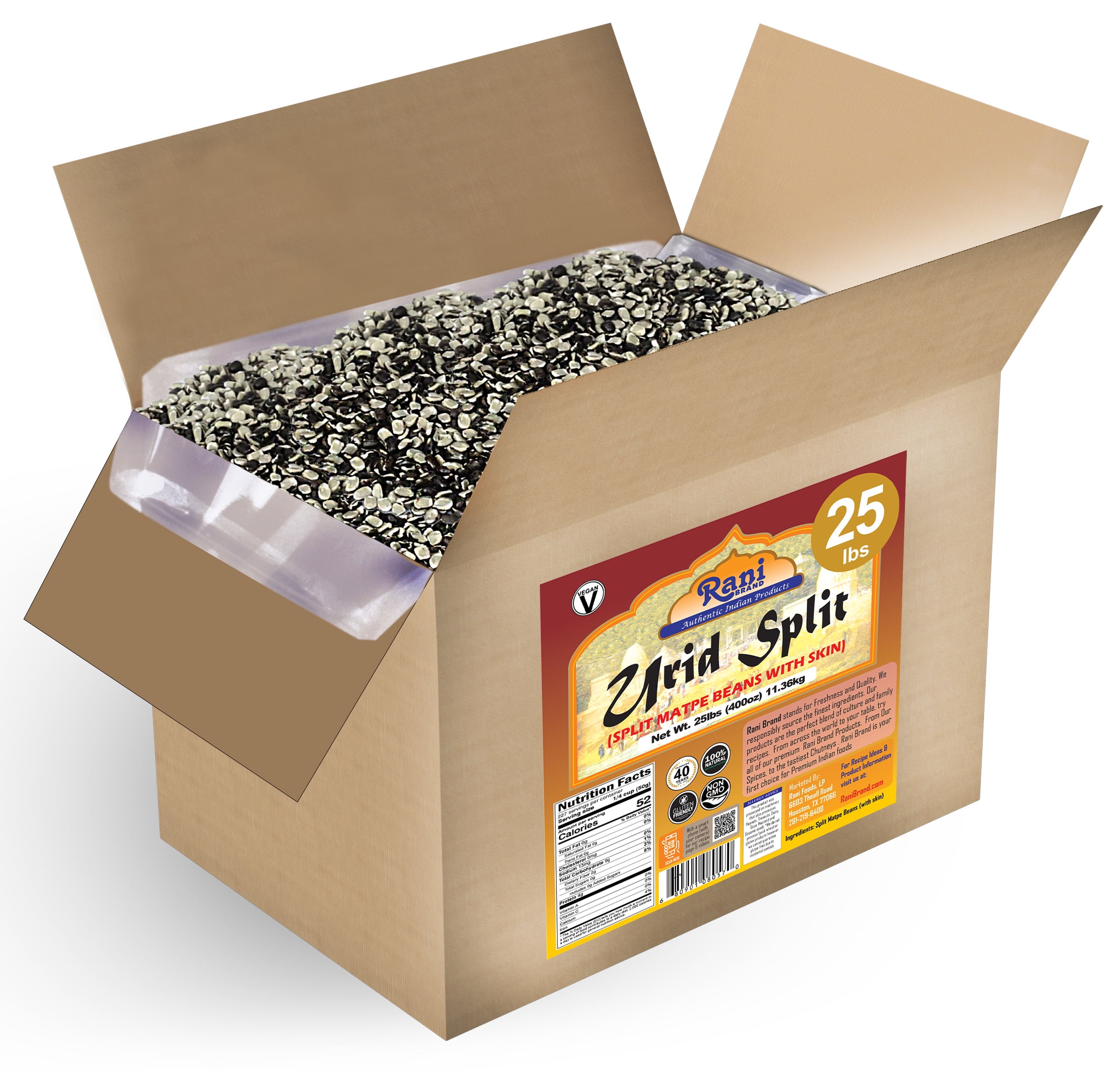 Rani Urid/Urad Split (Split Matpe Beans with Skin) Indian Lentils 400oz (25lbs) 11.36kg Bulk Box ...