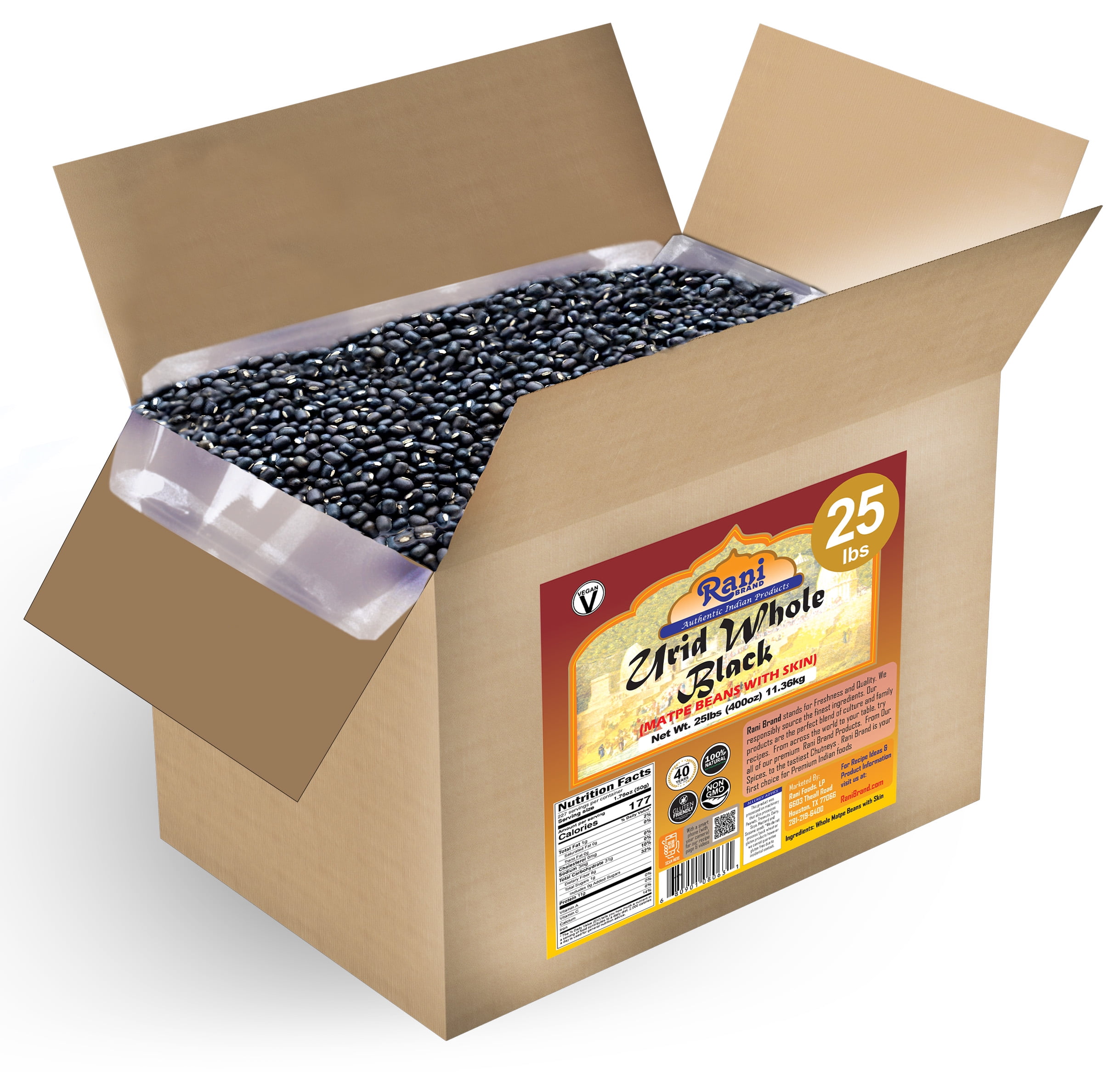 Rani Urid/Urad Whole Black Matpe Beans with Skin, 25lbs, Vegan Lentils ...