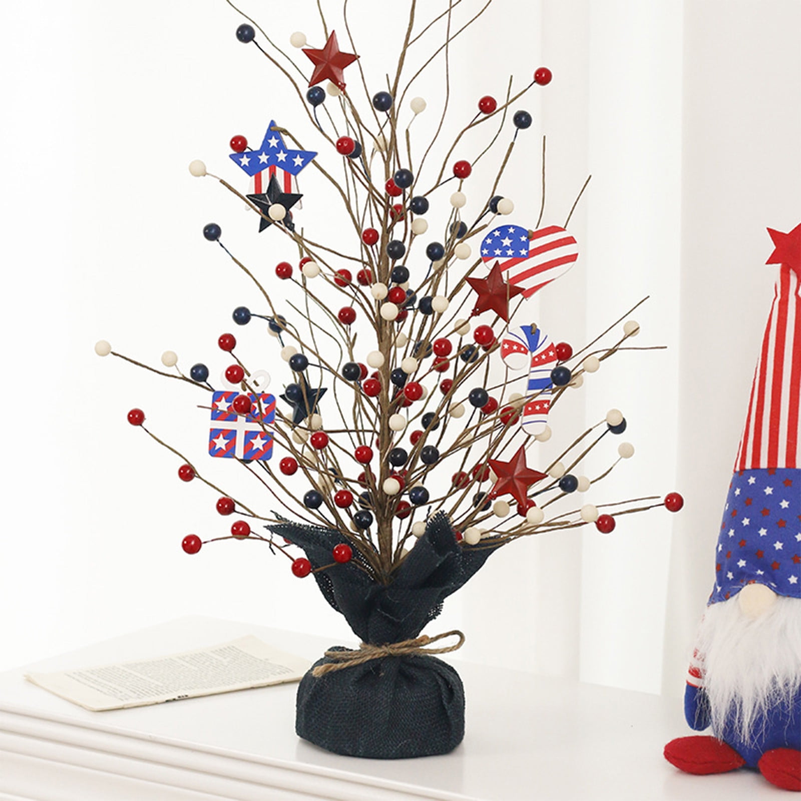 Ranliy 18 Inch Patriotic Berry Table Tree with Burlap Base Decorative ...