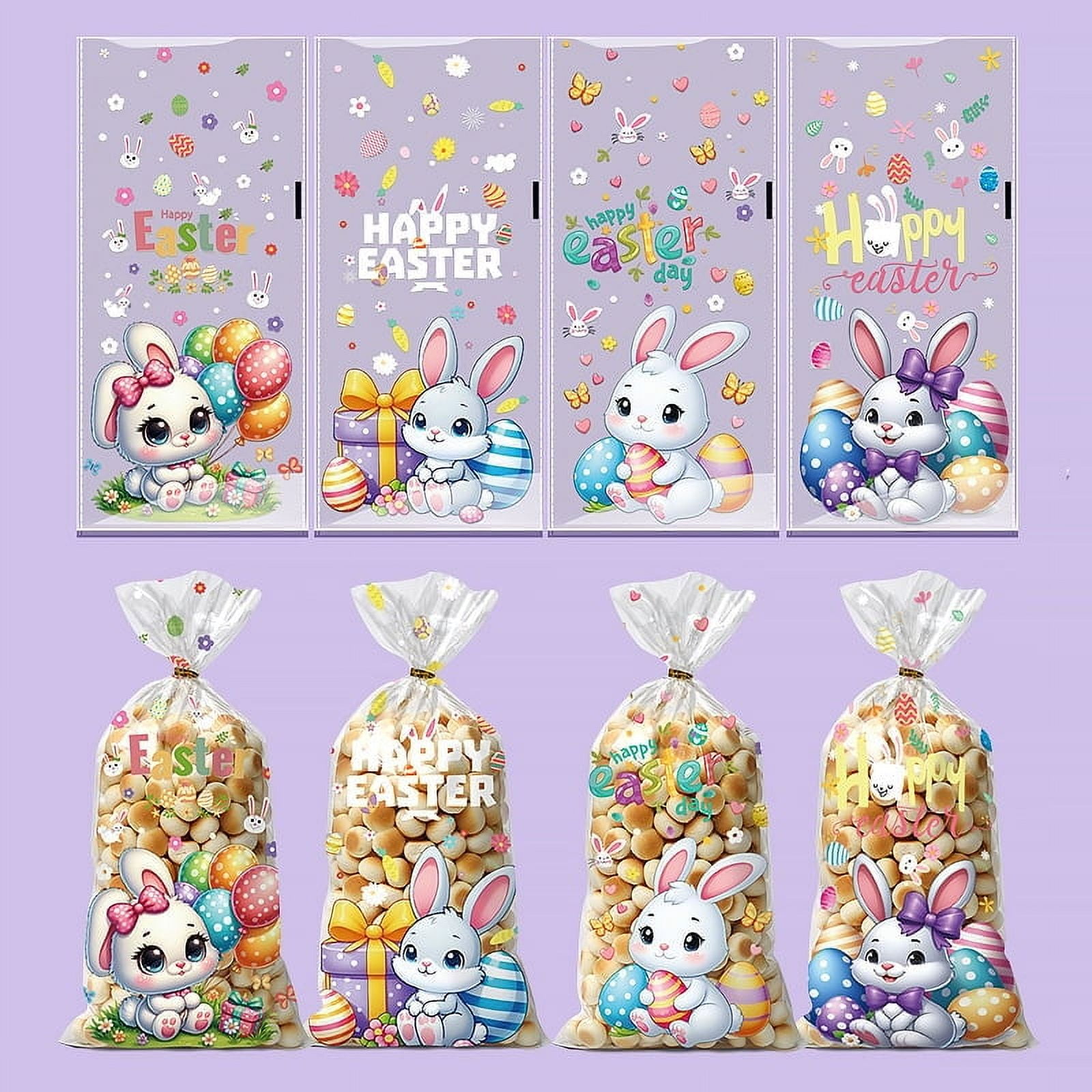 Ranliy 50 Pcs Happy Easter Treat Bags - Cute Bunny Goodie Bags, Plastic ...