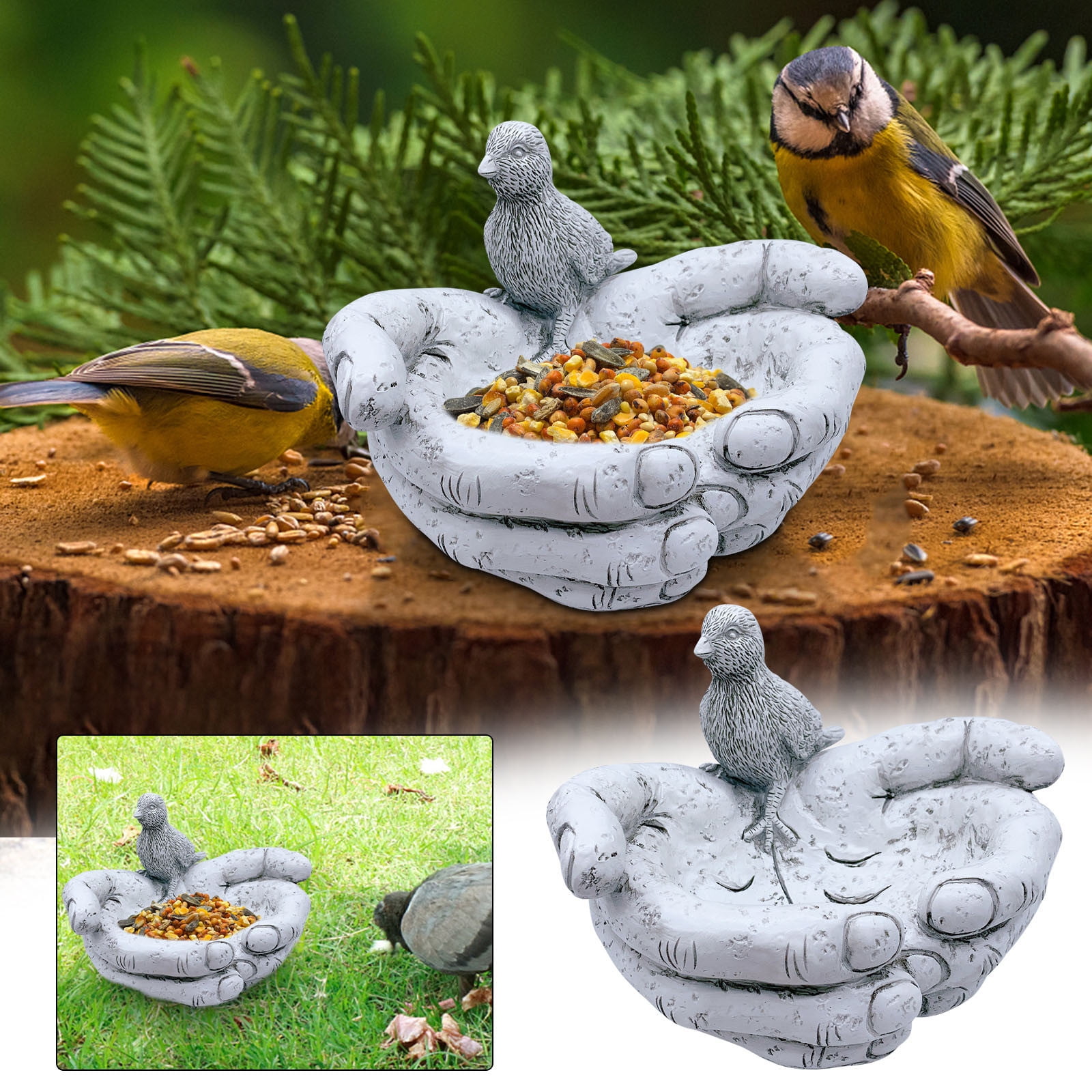 Ranliy Hand-Shaped Bird Bath Feeder, Creative Resin Bird Feeder Outdoor ...