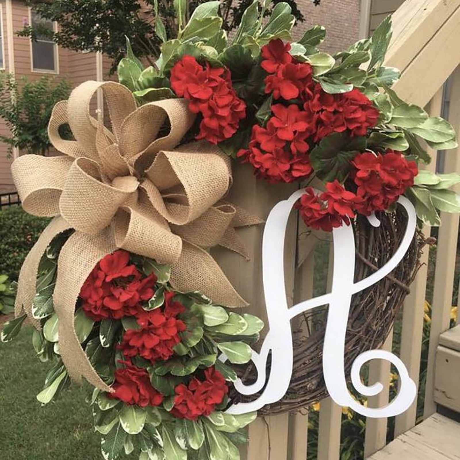 Ranliy Hydrangea Monogram Front Door Wreath, Ruby Red Hydrangeas and Bow on Grapevine Base ...