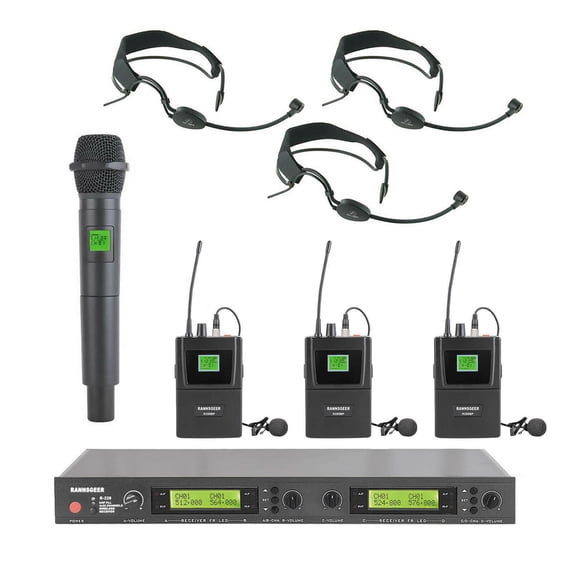 Rannsgeer UHF R288U-H1BP3 UHF 4-Channel 1 Handheld Mic & 3 Lapel ...