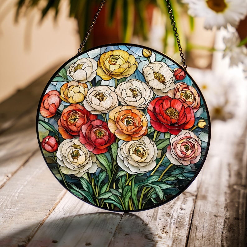 Ranunculus Floral Stained Glass Suncatcher, Glass Window Hanging Decor ...