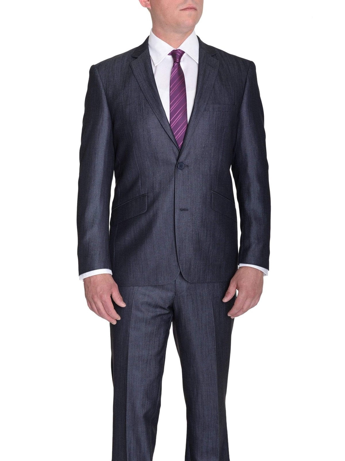 Raphael Slim Fit Navy Blue Chambray Two Button Suit With Slanted Side ...