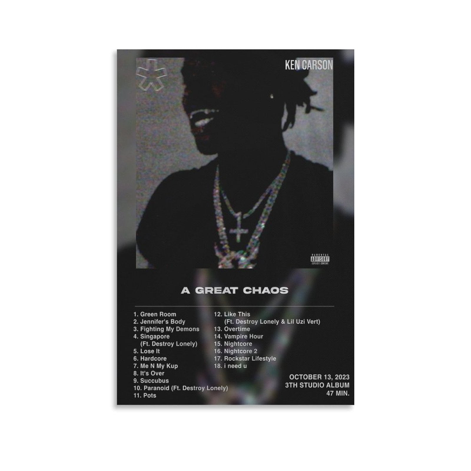 Rapper Ken Carson Rap Hip Hop A Great Chaos Music Album Cover Poster (6 ...