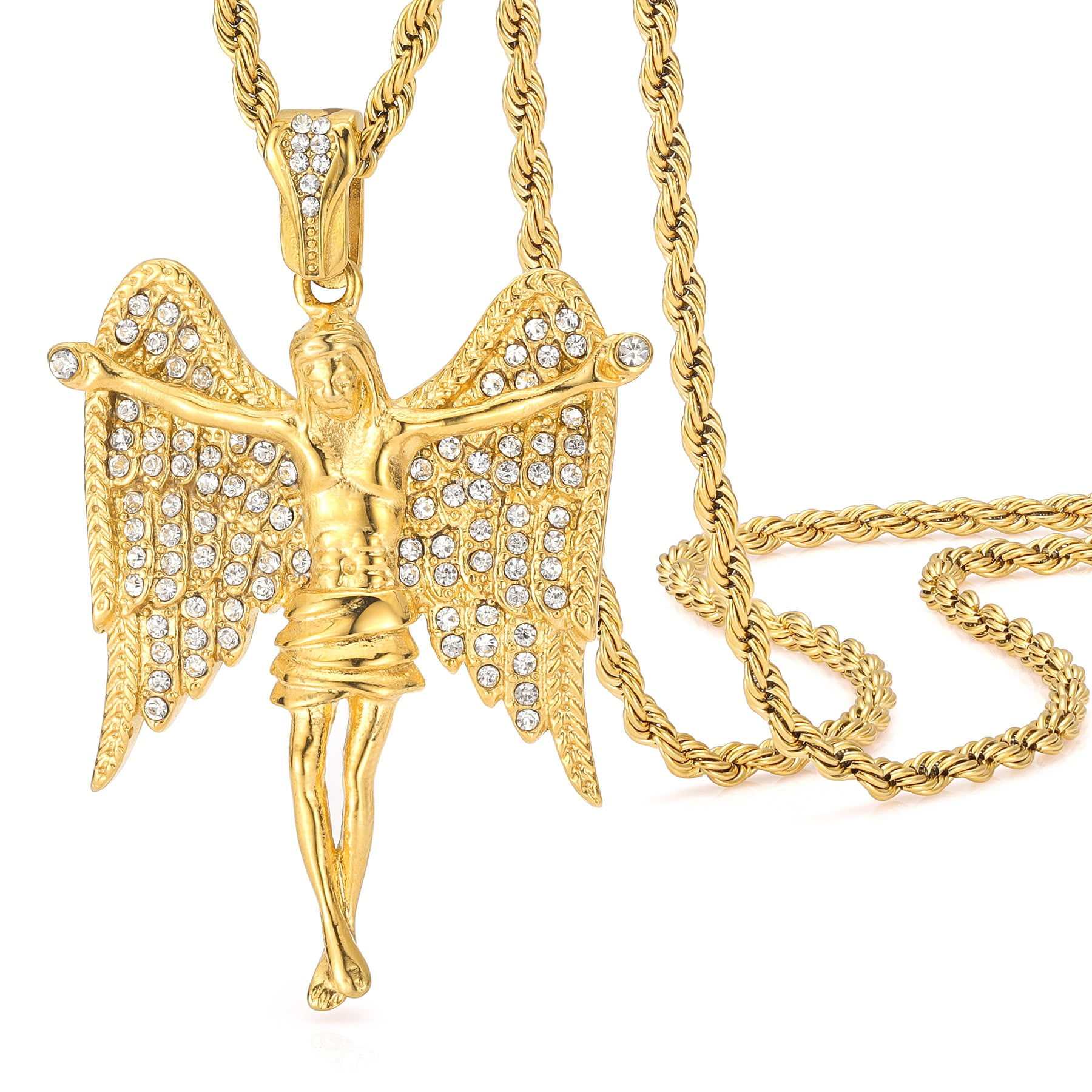 RapzGz Mens Gold Iced Out Jesus Angel Wings Pendant Necklace, 24'' Hip ...