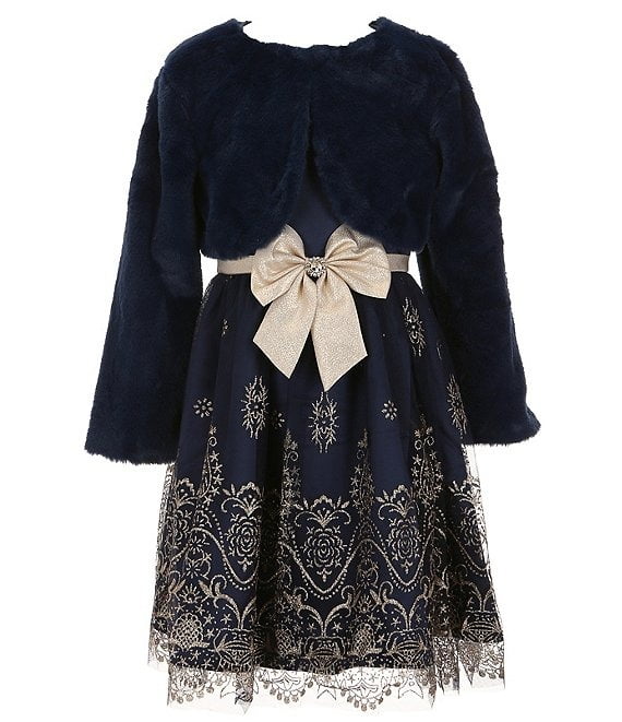 Rare Editions NAVY Big Girls Solid/Glitter-Patterned Fit & Flare Dress ...