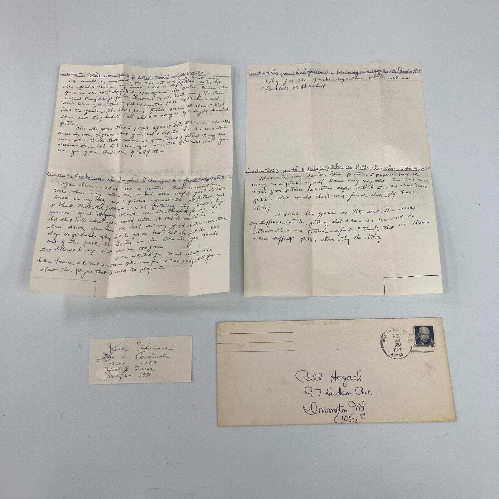 Rare Jesse Haines Signed Handwritten Questionnaire Great Baseball ...