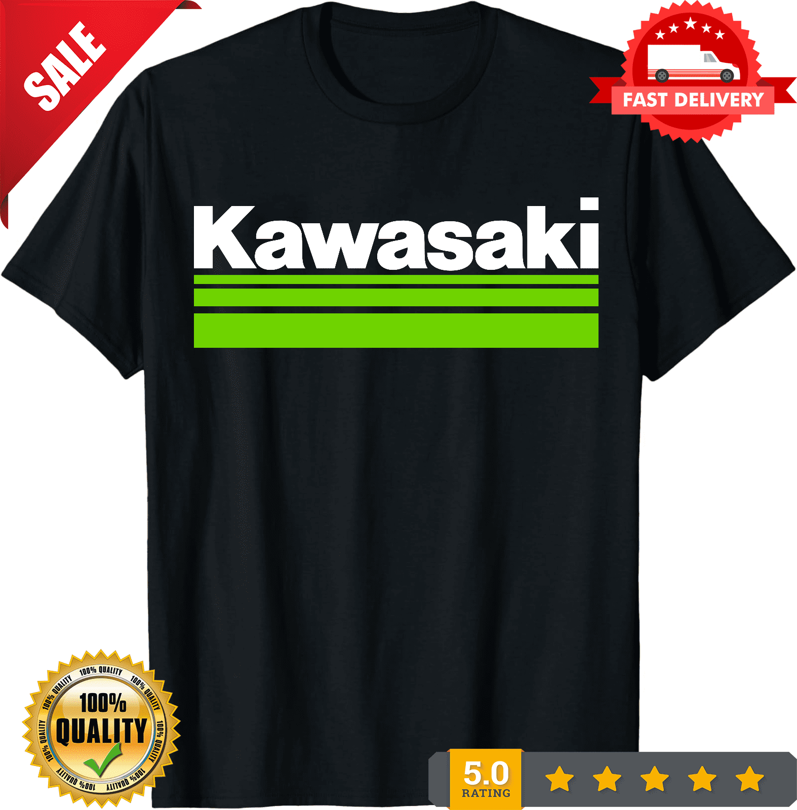 Rare KAWASAKI Main Logo T-SHIRT GREEN Racing Ninja Motorcycle Motor ...