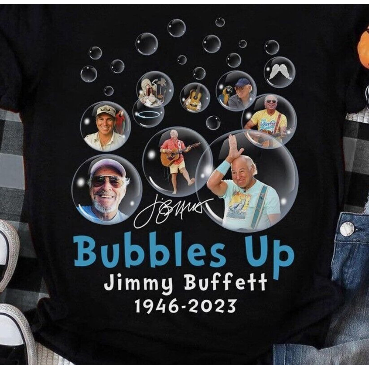 Rare Rare Jimmy Buffett 1946 2023 Bubbles Up Thank You Memories Black T-Shirt - Walmart.com