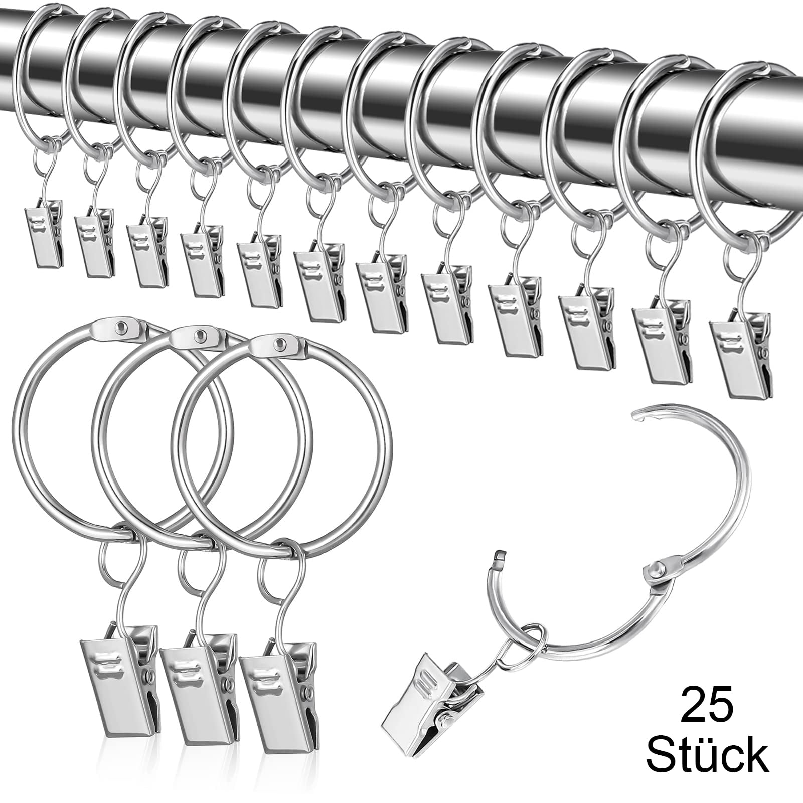 Rarida 25 Silver Metal Curtain Hooks with Clips for Hanging Rings, 30mm ...