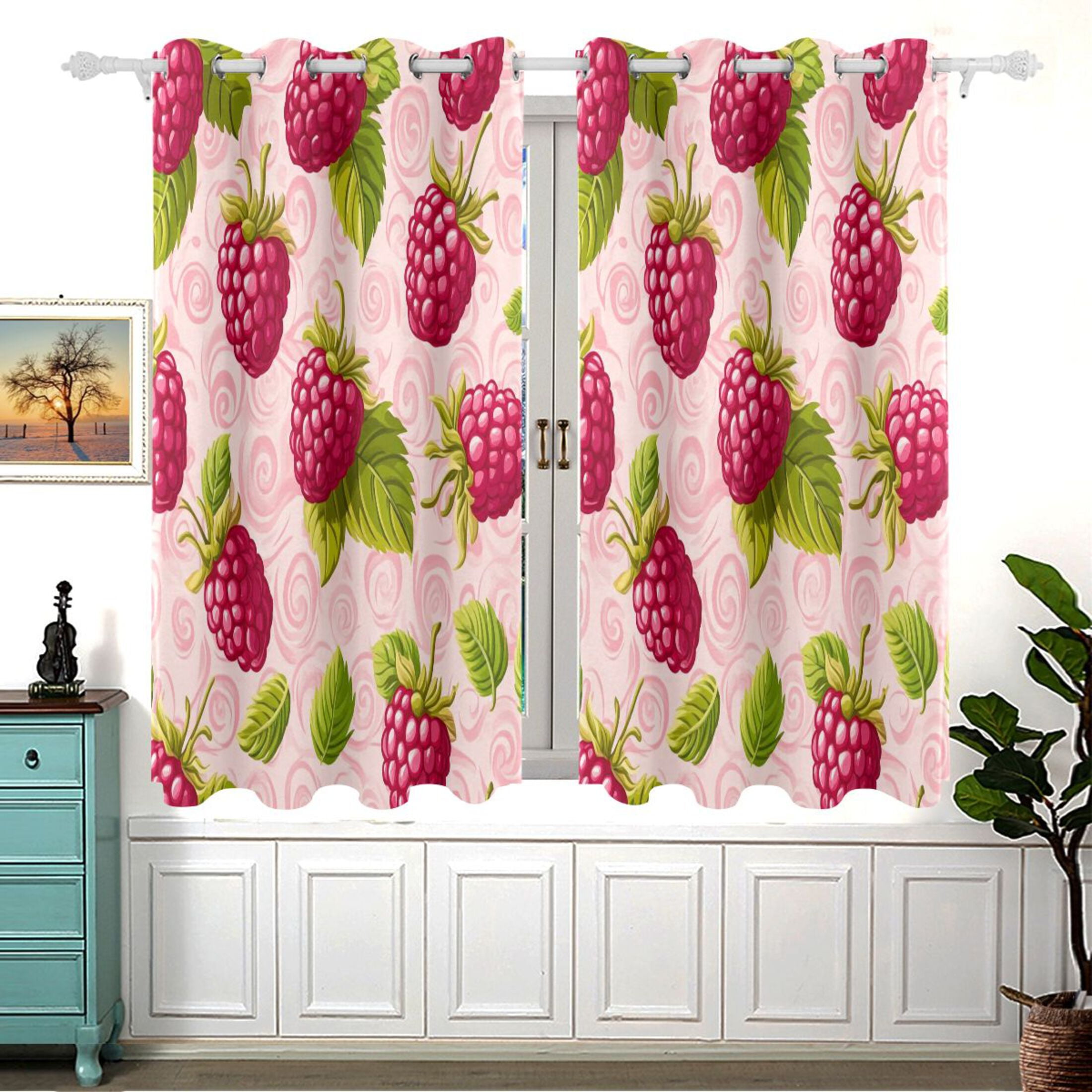 Raspberry Design on Pink Blackout Curtains for Living Room Bedroom 55W ...