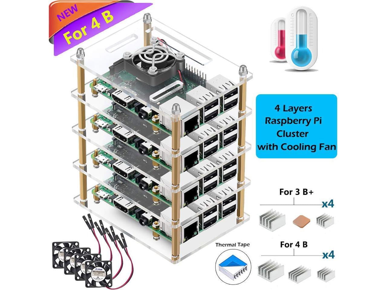Raspberry Pi 4 B Cluster Case Raspberry Pi 4 Case with Cooling Fan and ...