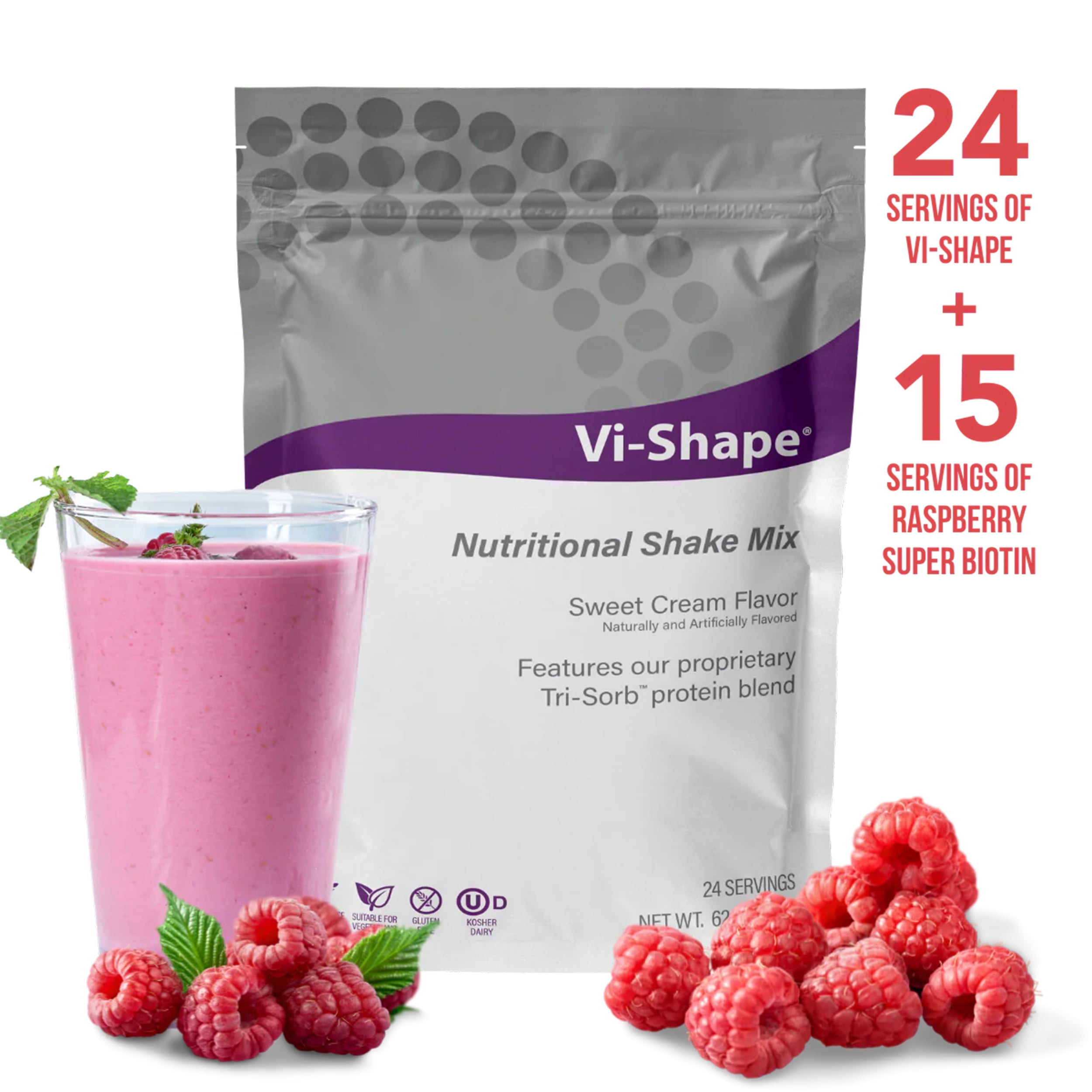 Raspberry Super Biotin + Vi-Shape - 1 Shake Pouch (24 Servings) + 1 Box ...