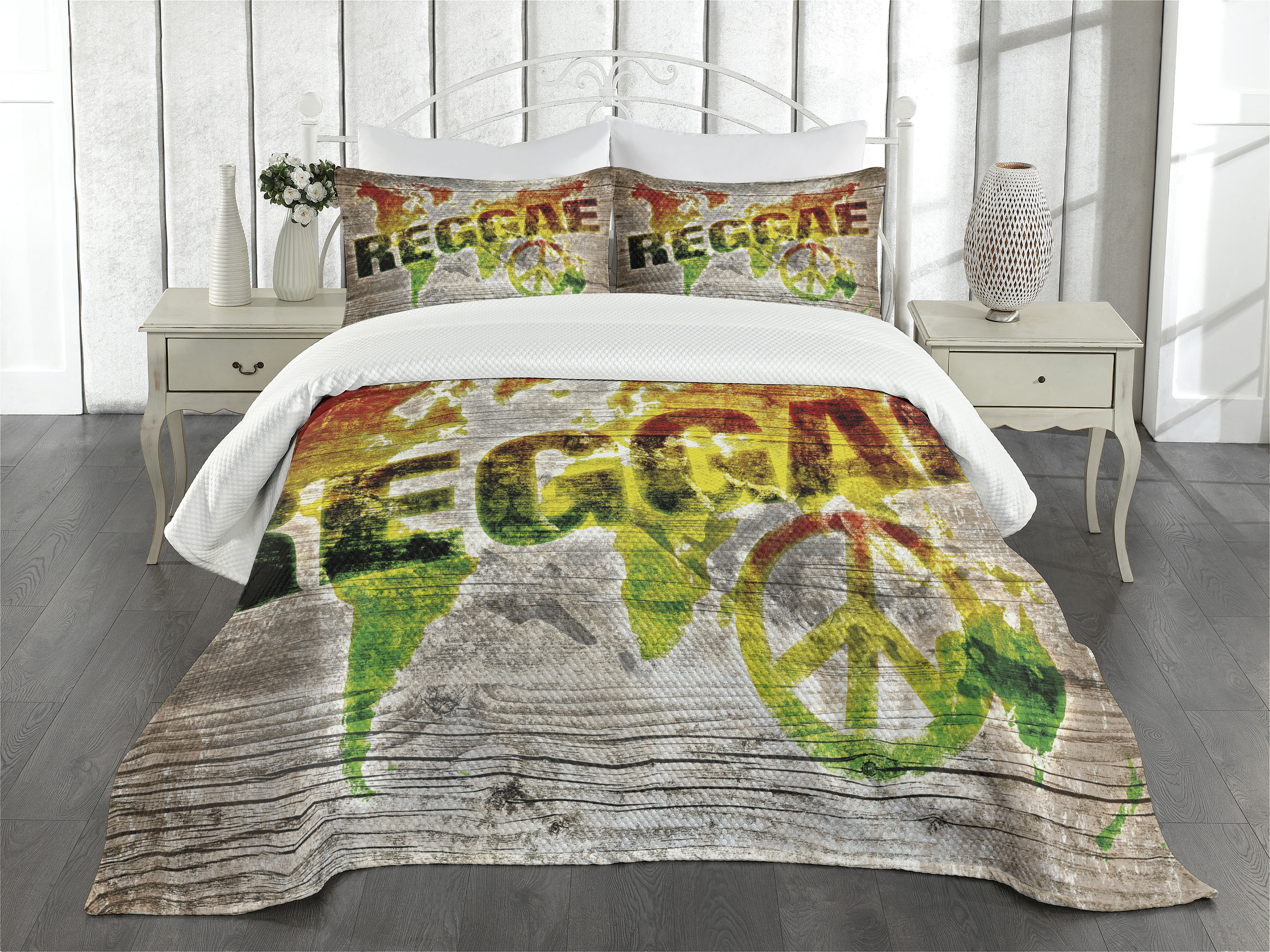 Rasta Bedspread Set Queen Size, World Map on Plaques with Reggae ...