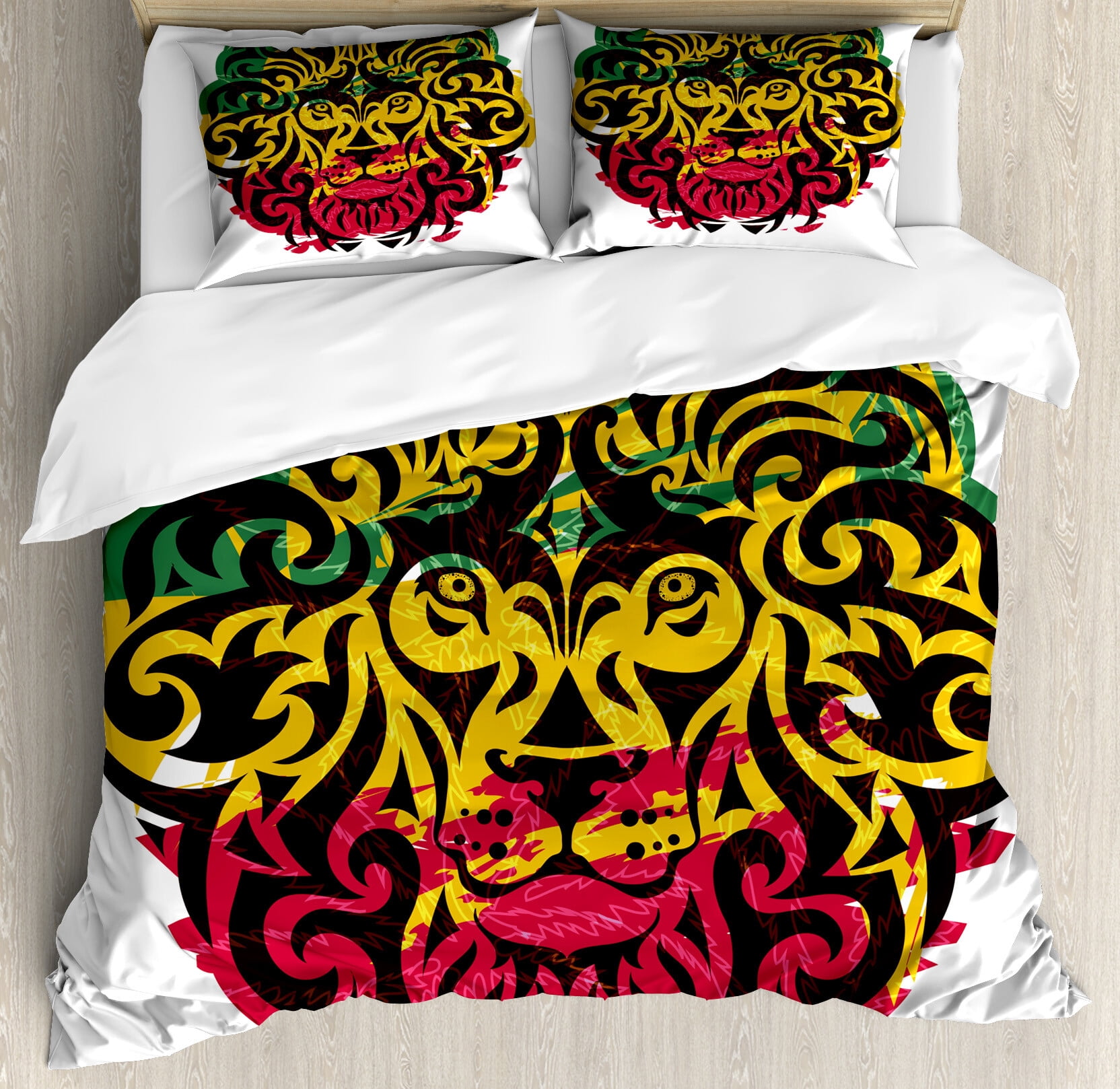 Rasta Duvet Cover Set, Ethiopian Culture Wild Lion Head Grunge Style ...