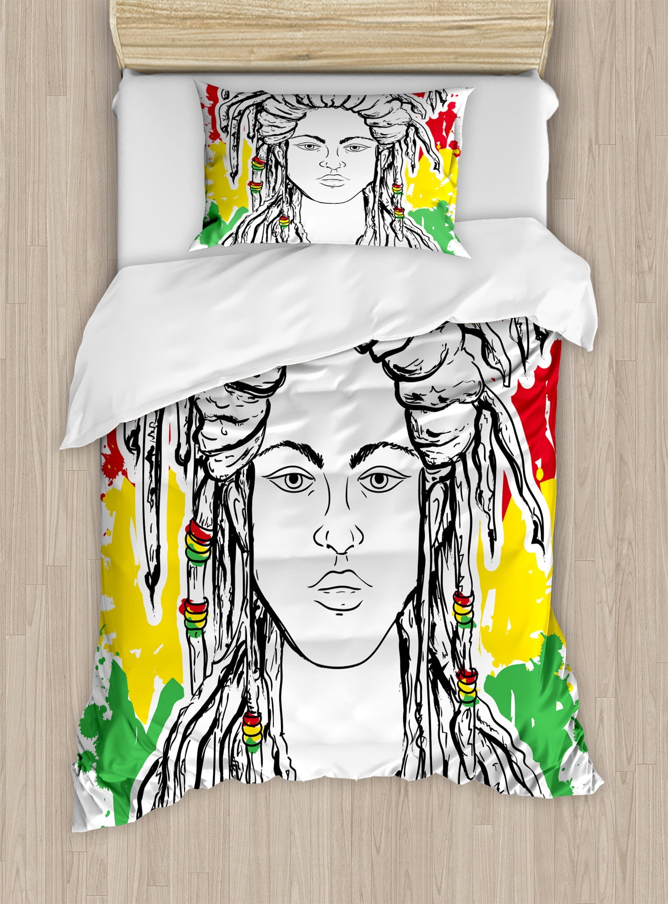 Rasta Duvet Cover Set, Grunge Ethiopian Flag Colors with a Black and ...