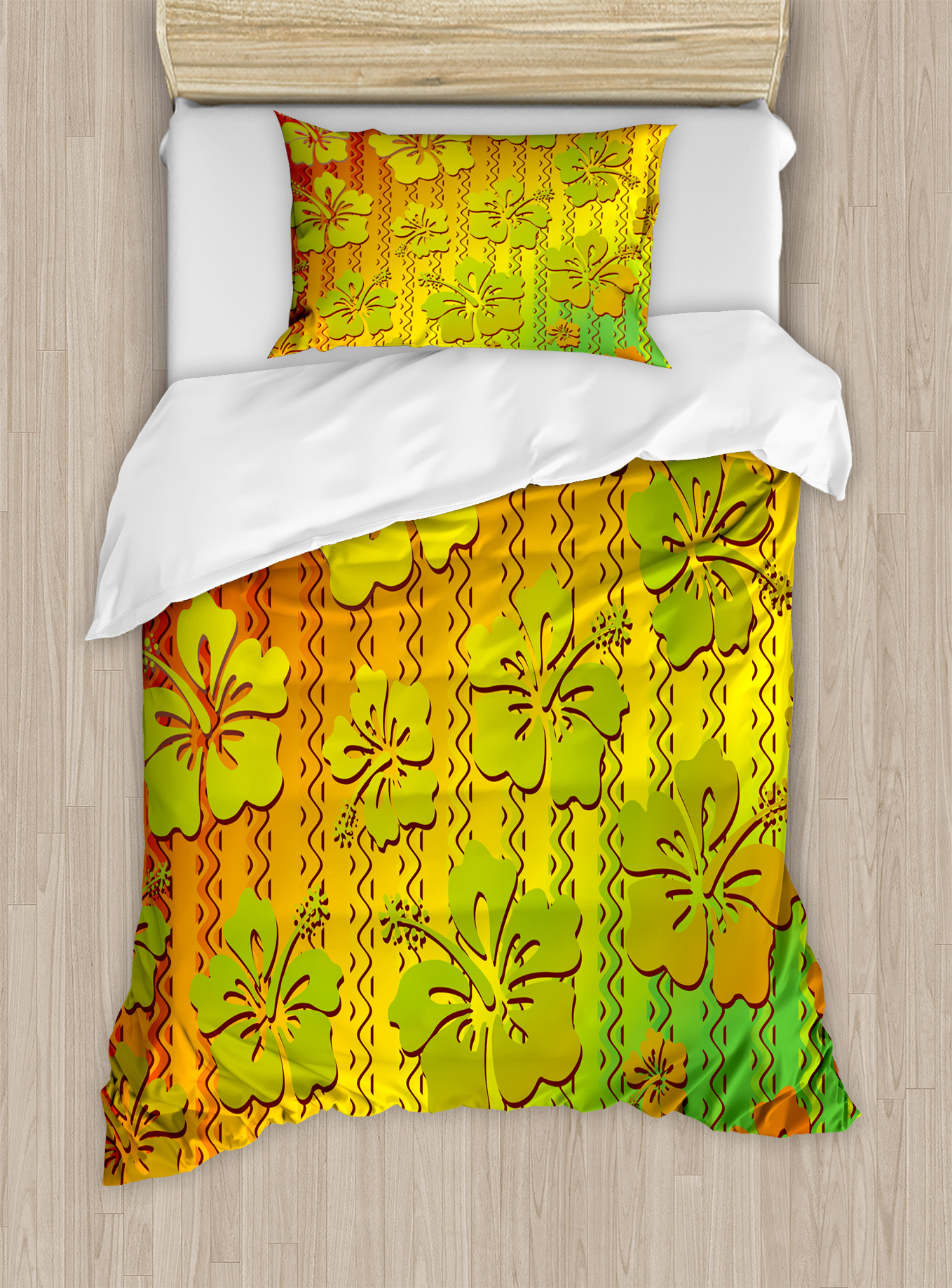 Rasta Duvet Cover Set, Hibiscus Exotic Jamaican Island Flower with Zig ...