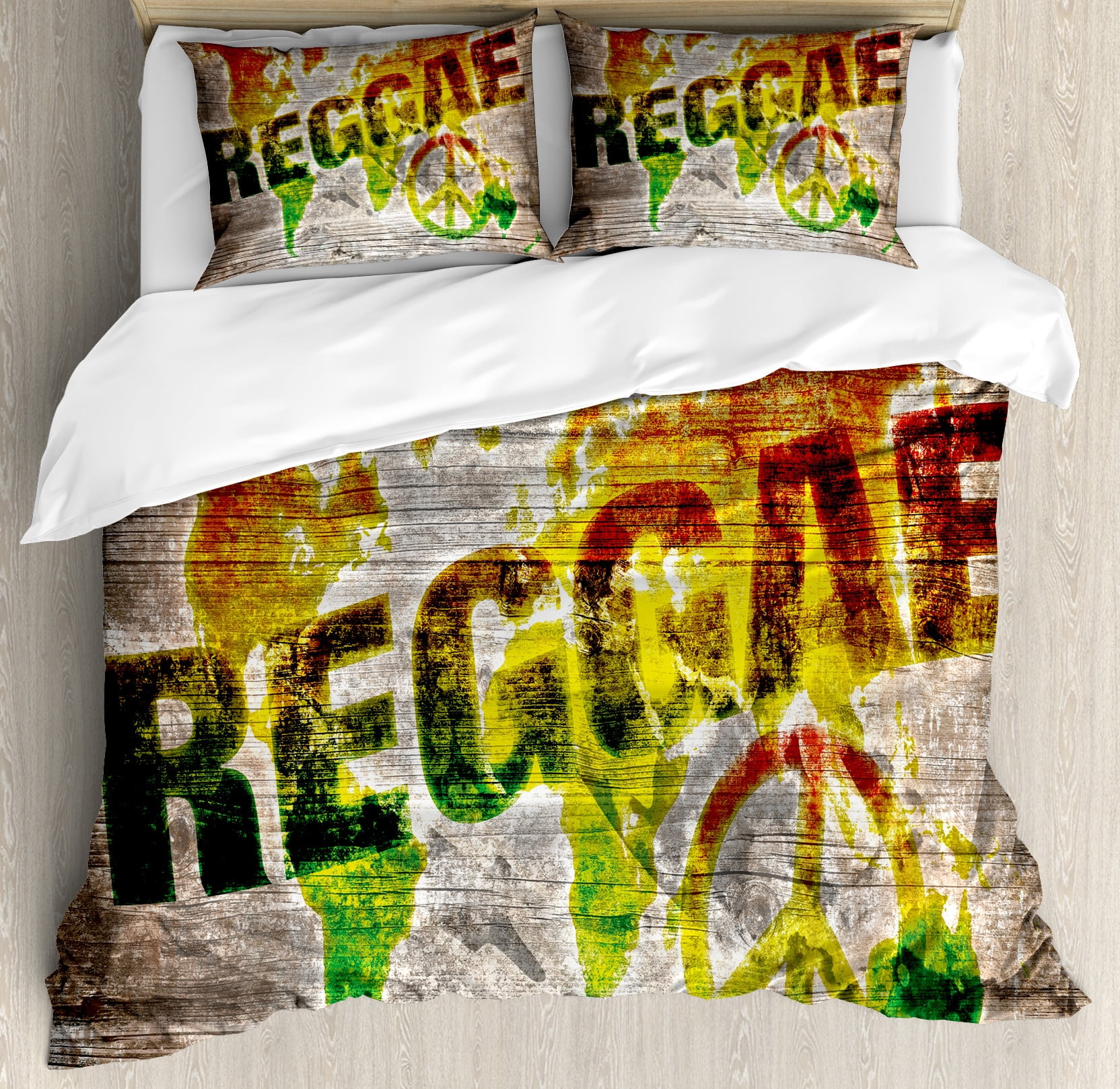Rasta Duvet Cover Sets, World Map on Plaques Reggae Lettering and Peace ...