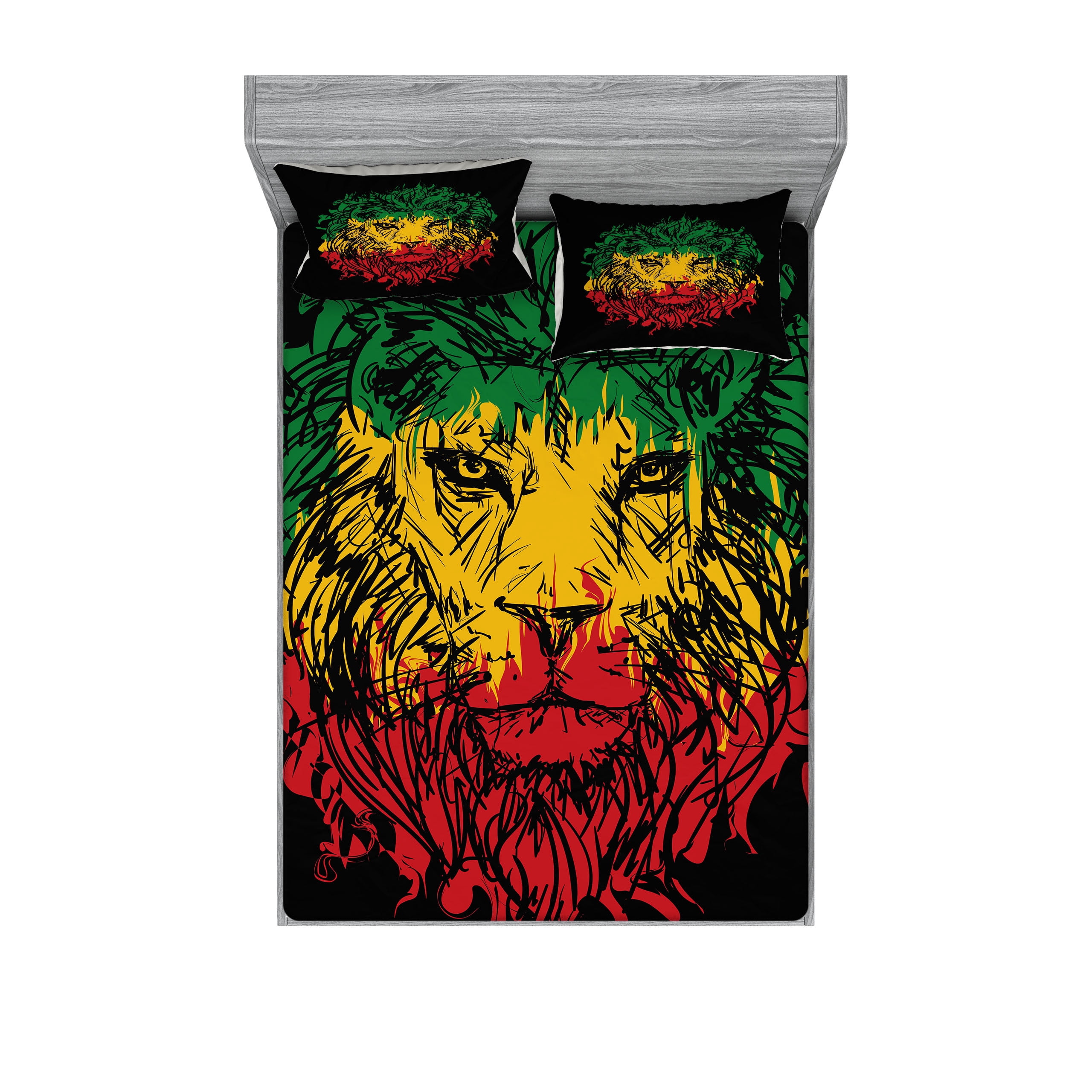 Rasta Fitted Sheet & Pillow Sham Set, Ethiopian Flag Colors on Grunge ...