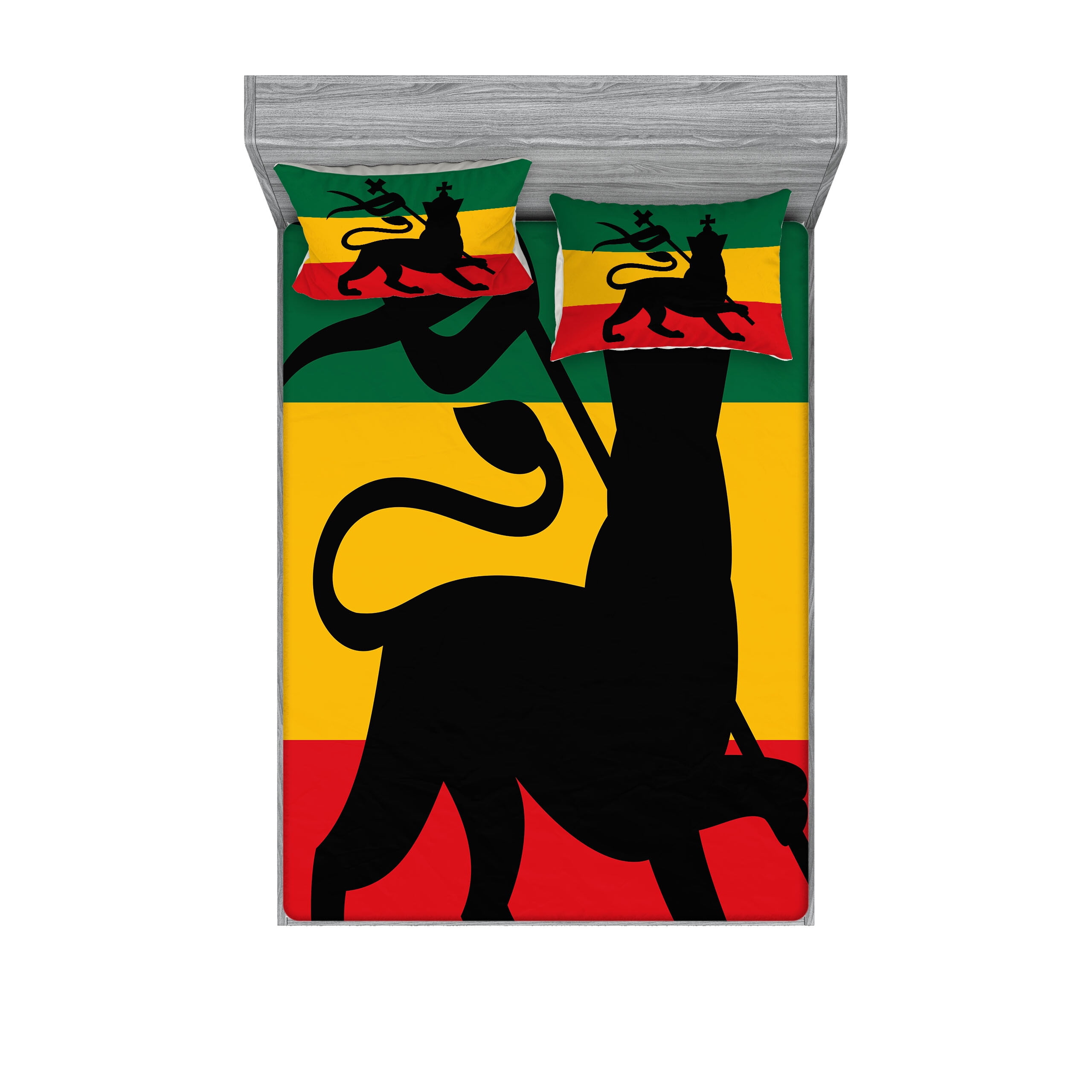 Rasta Fitted Sheet & Pillow Sham Set, Rastafarian Striped Flag Lion ...