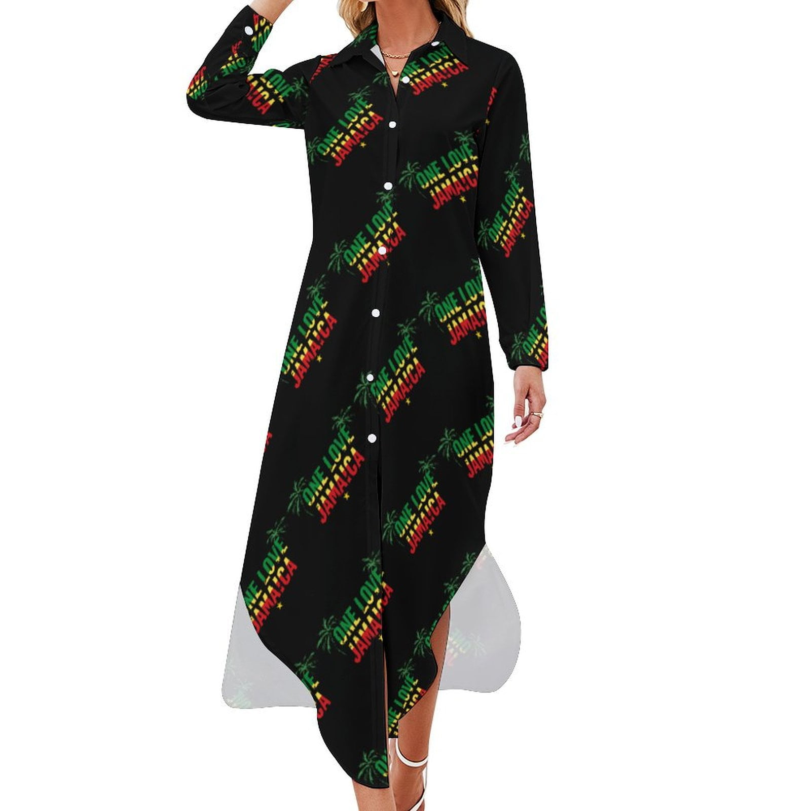 Rasta Flag One Love Palm Trees Women's Maxi T Shirt Dress Long Sleeve ...
