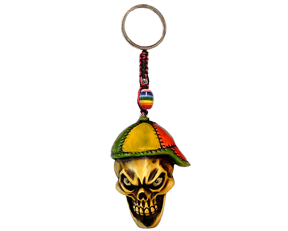 Rasta Hat Skull 3D Figurine Keychain Multicolored Macramé Metal Ring ...