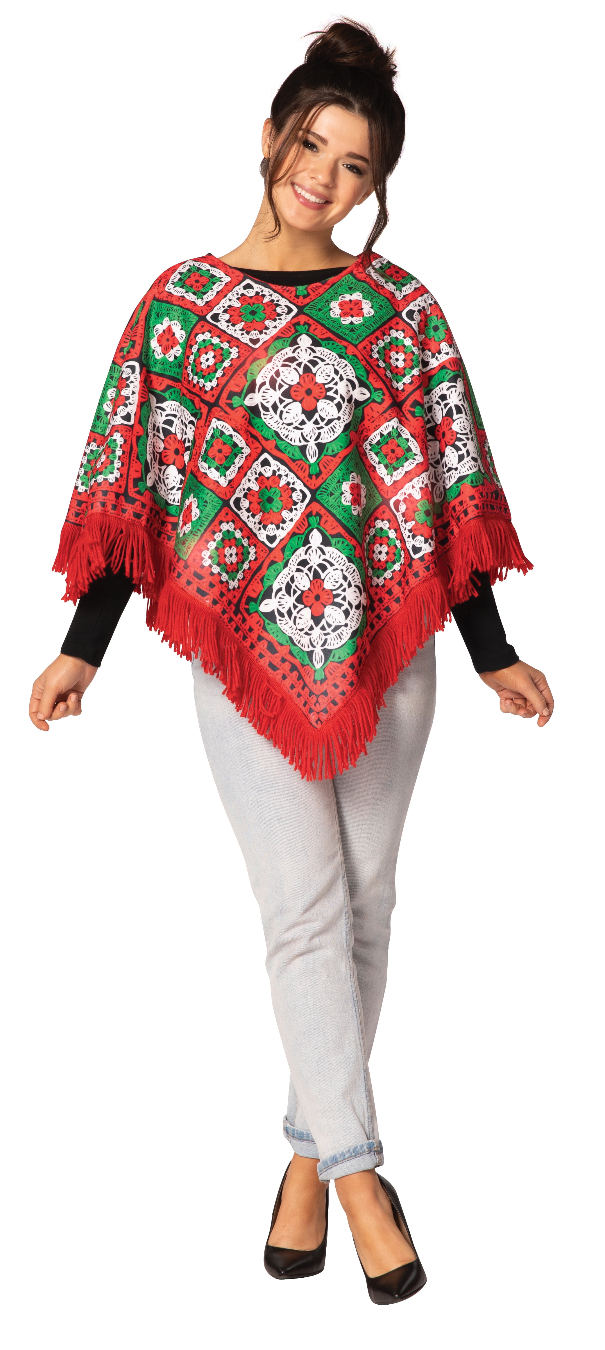 Rasta Imposta Red And Green Light Up Christmas Fringe Poncho Costume Men