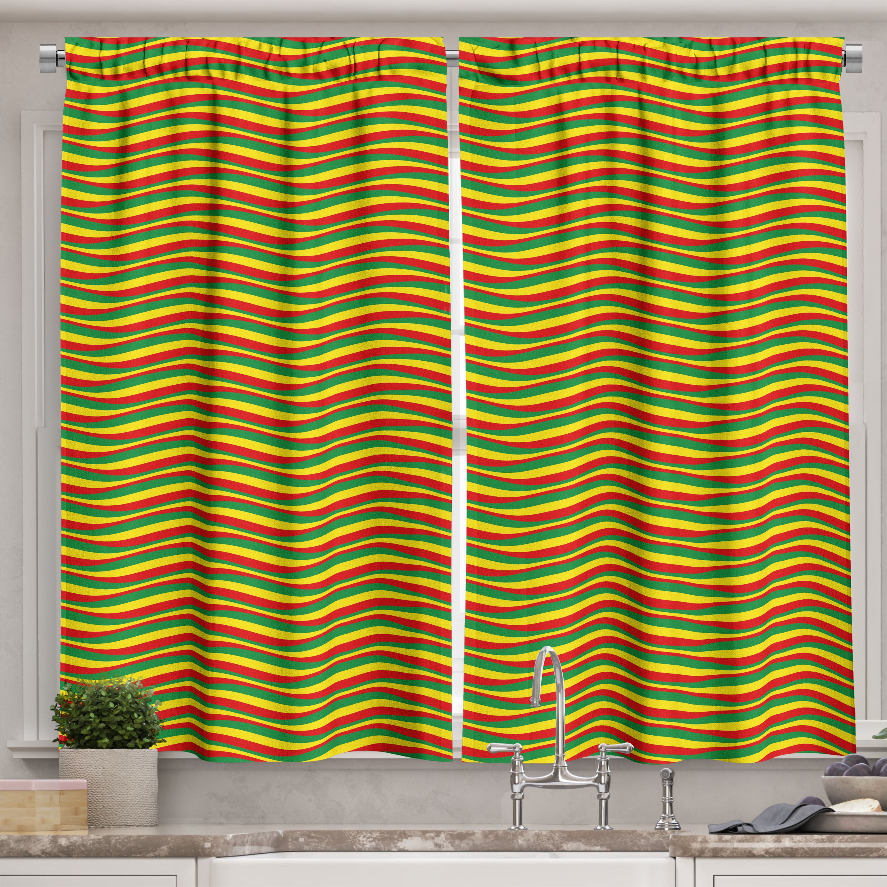 Rasta Kitchen Curtains, Vivid Colors Ethiopian Flag Colors in Wavy ...