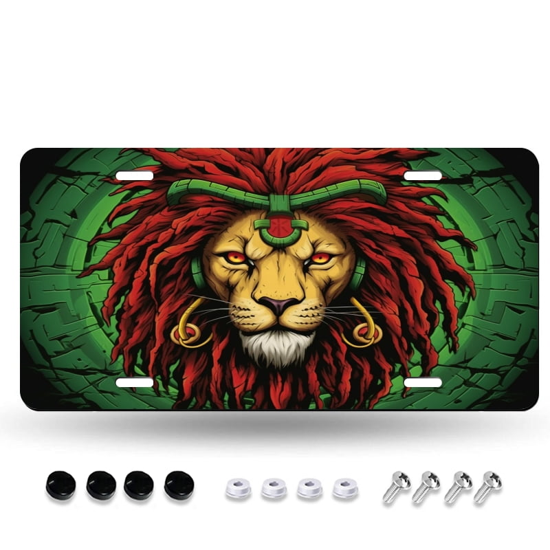 Rasta Lion with Dreadlocks and Green Headband Front License Plate ...