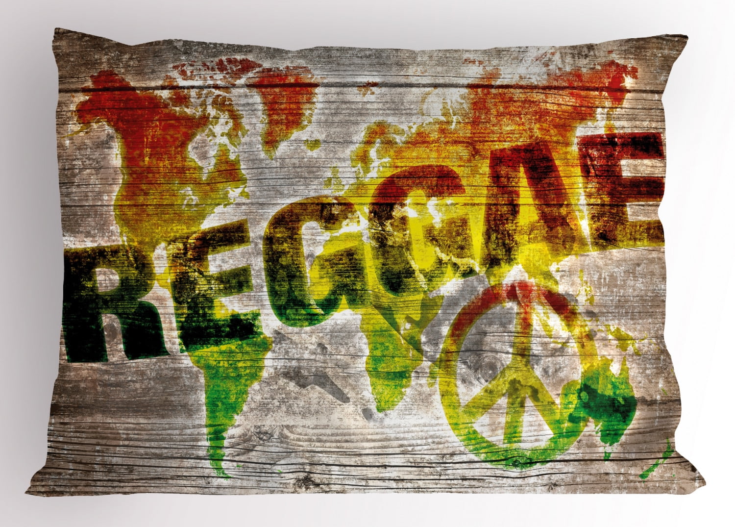 Rasta Pillow Sham World Map on Plaques with Reggae Lettering and Peace ...