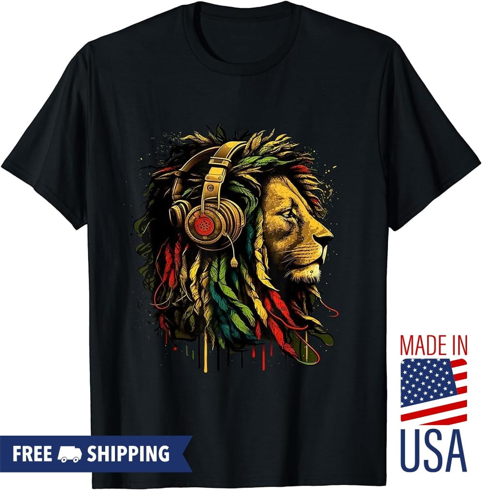 Rasta Reggae Music Headphones Jamaican Pride Lion Of Judah T-shirt ...
