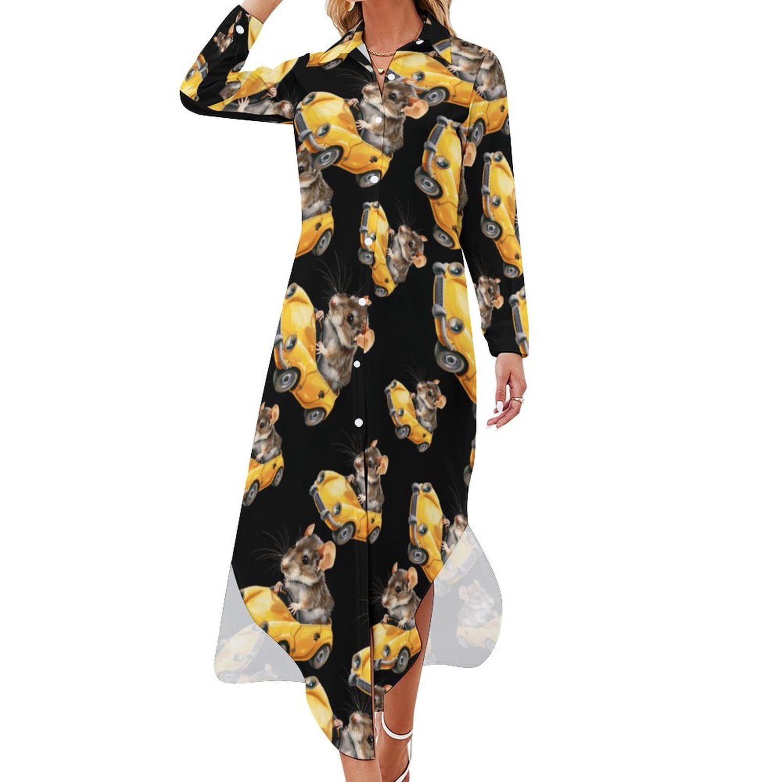 Rat Driving Women's Maxi T Shirt Dress Long Sleeve Lapel Summer Button ...