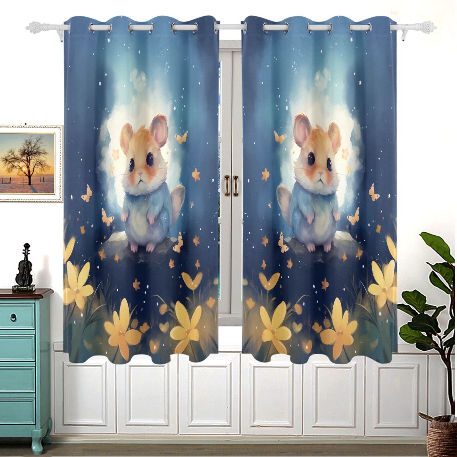 Rat Mouse Flowers Sky Curtains Black Out Curtains for Sliding Glass ...
