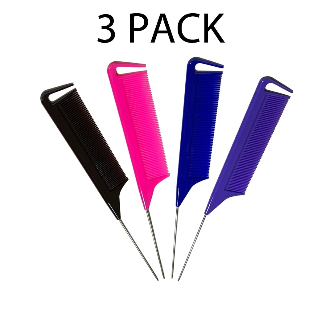 3 Pack Rat Tail Combs - Fine Tooth, Metal Long Steel Pin, Hair Parting ...
