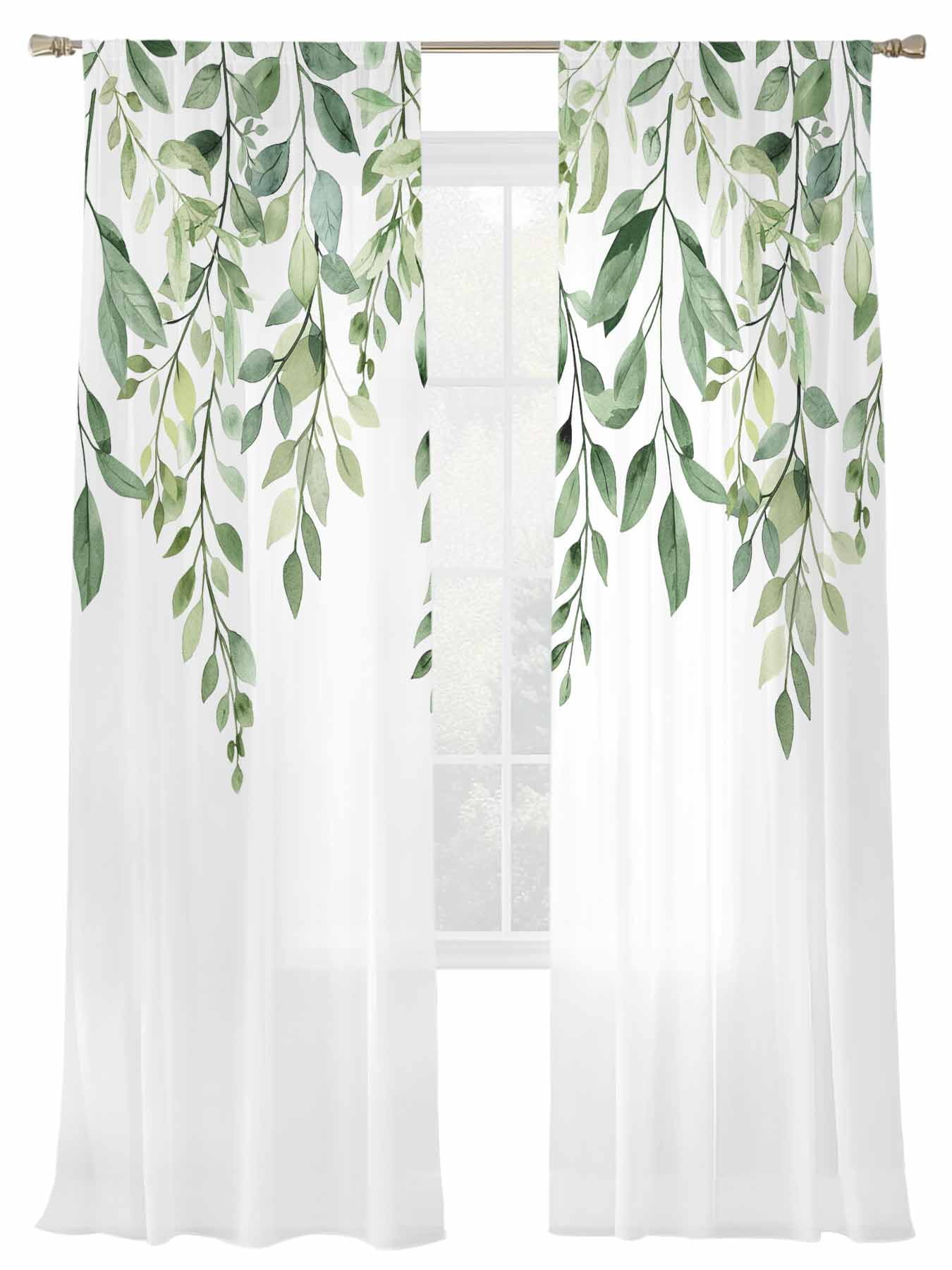 Rat Tailings Sheer Curtains 2 Panels Set Green Plants Leaf Farmhouse ...