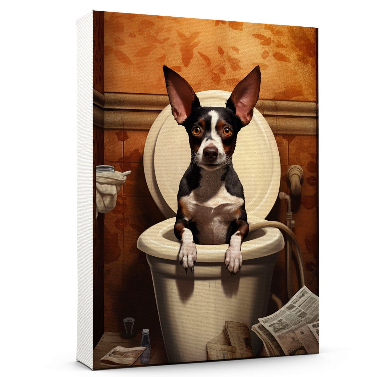 Rat Terrier Gift Wall Art, Cute Dog Sitting on The Toilet Reading a ...