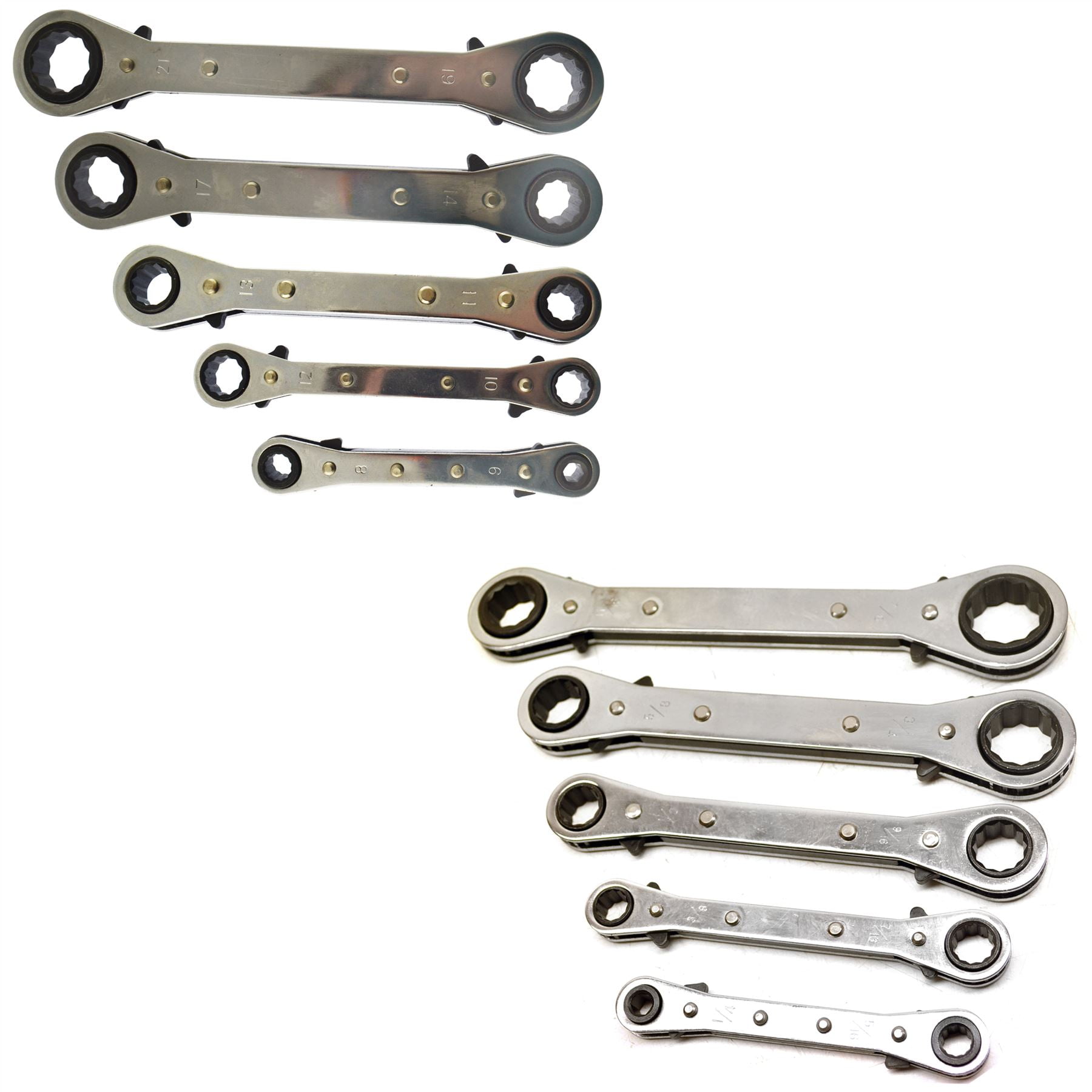 Ratchet Spanner Wrench Set Metric and Imperial AF SAE Sizes Double Ring ...