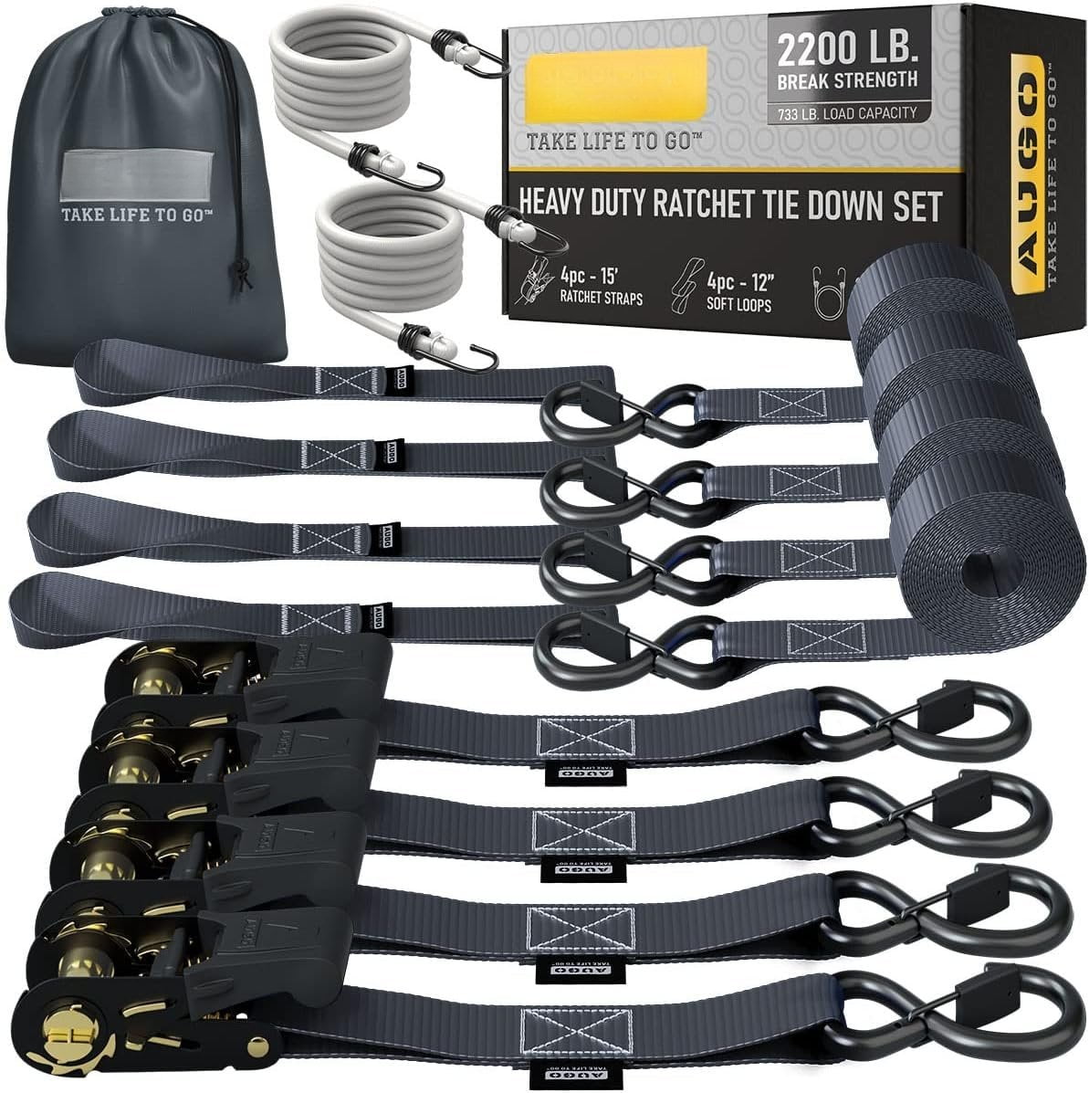 Ratchet Straps 4 -15 FT - 2200 LB Break Strength - with Safety Lock S ...