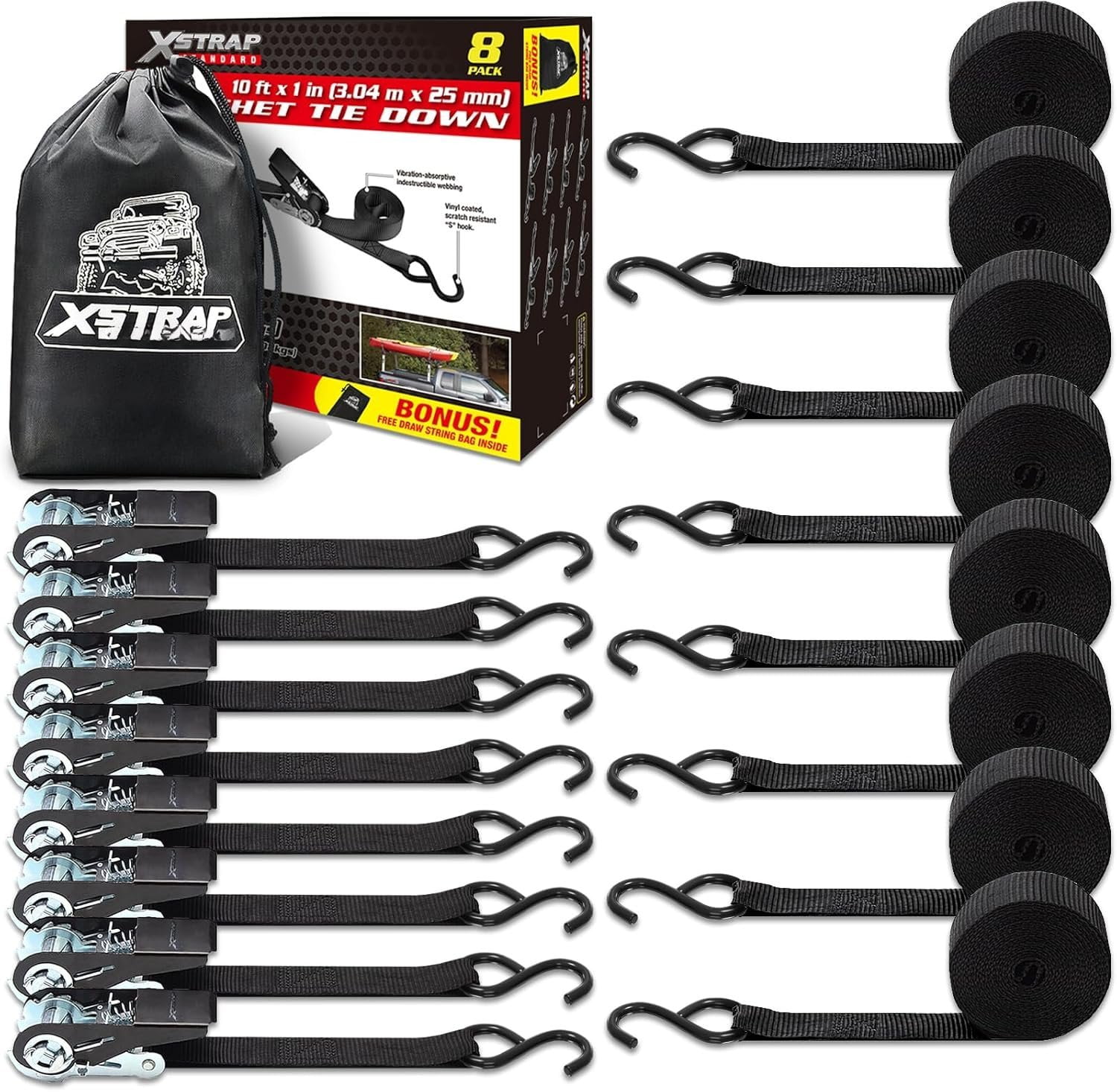 Ratchet Tie Down Straps 8PK 1'' x 10 ft - 900 LB Break Strength Cargo ...