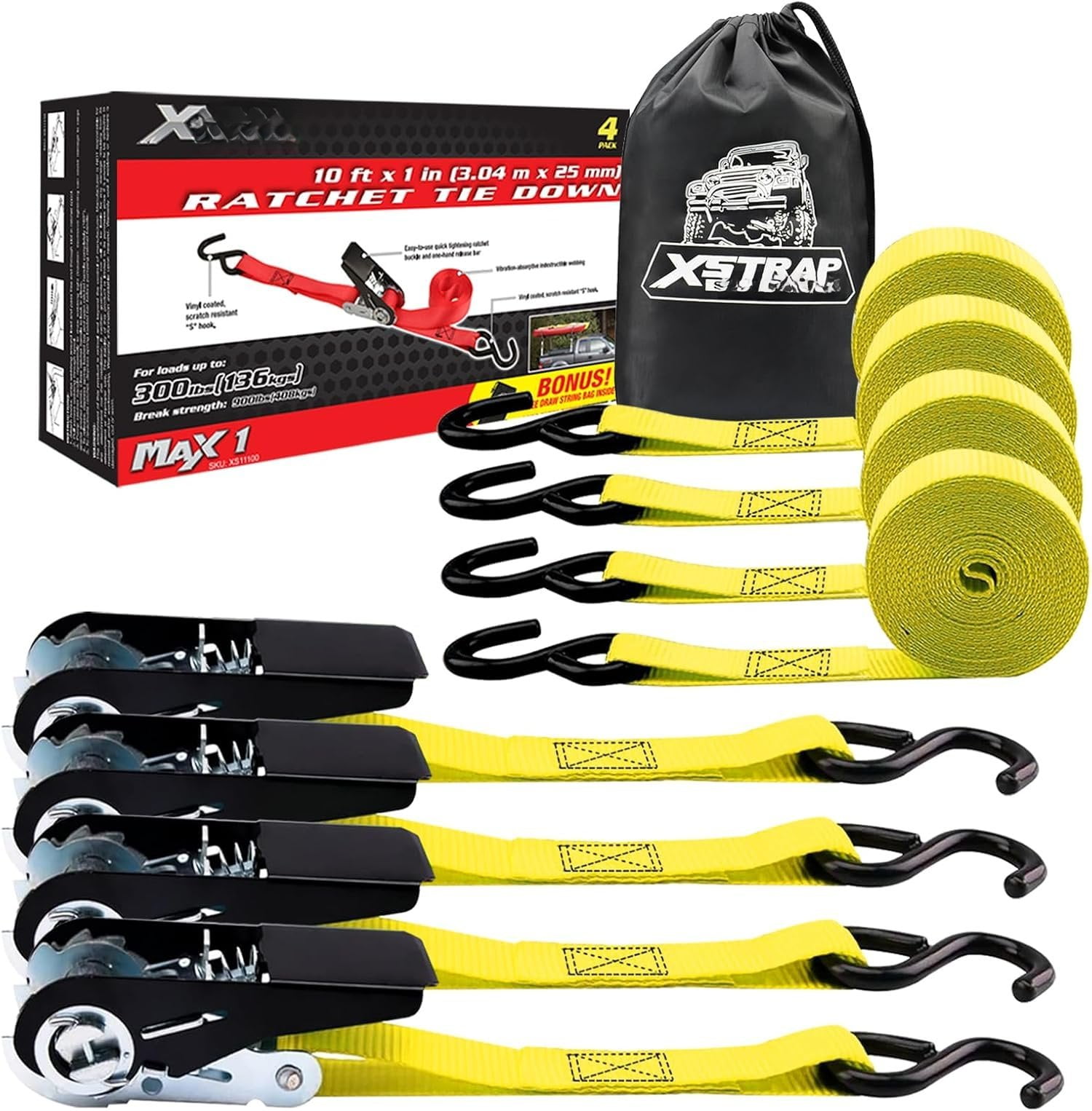 Ratchet Tie Down Straps 4 Pk 10 Ft- 300 Lbs Load Cap- 900 Lbs Break ...