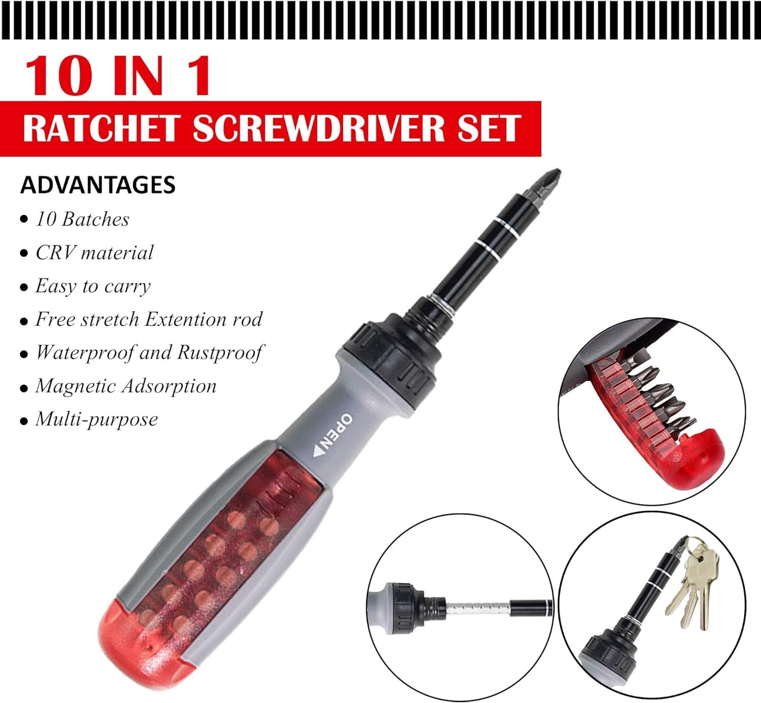 Ratcheting Screwdriver Set, 10-in-1 Multi-Bit Magnetic Screwdriver with ...