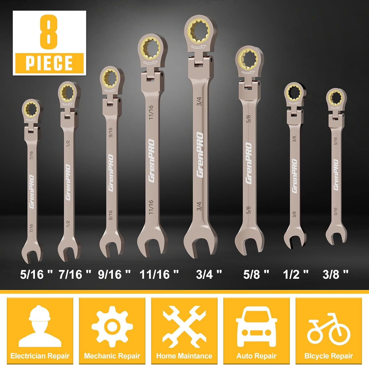 Ratcheting Wrench Set, 9PCS SAE Combination Wrenches with Gauge, 72 Tooth Nickel Plating Hand ...