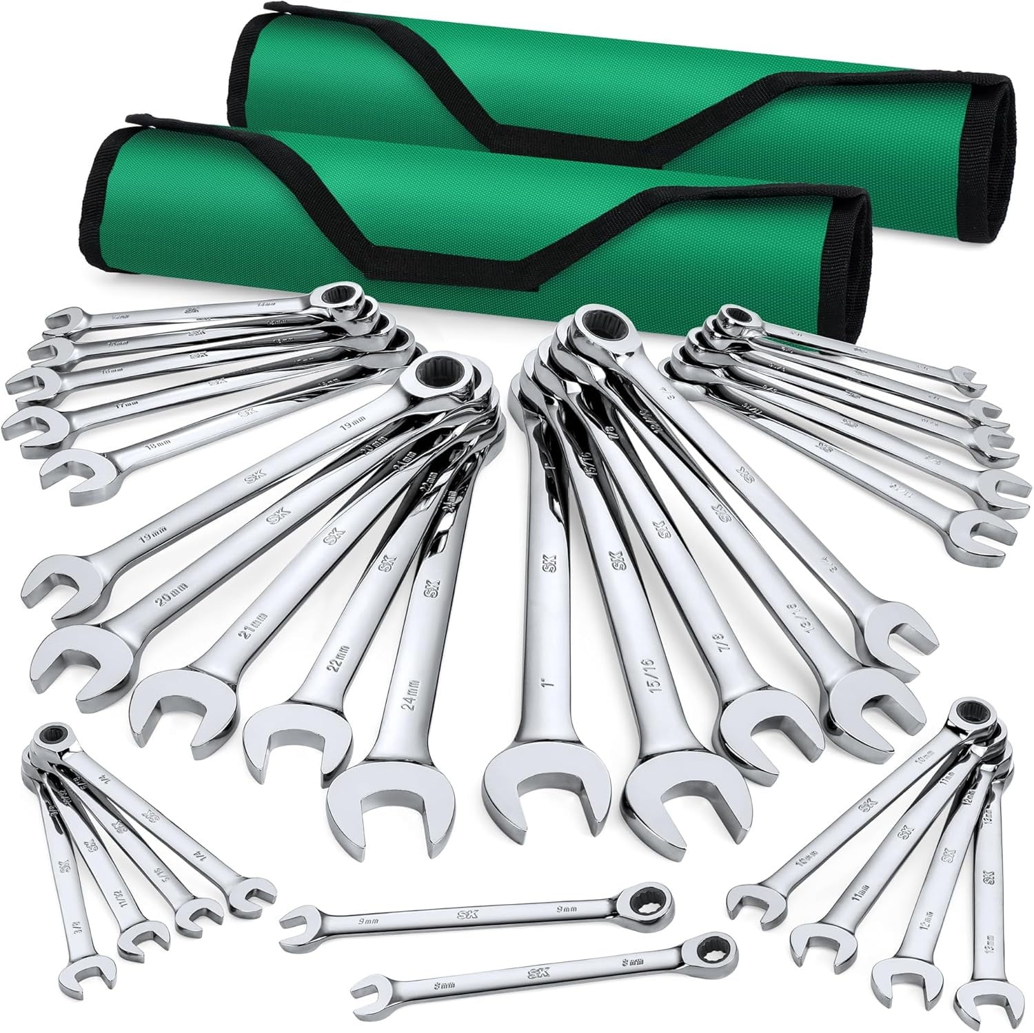 Ratcheting Wrench Set, Combination Wrench Set, 30-Piece, SAE 1/4" to 1", Metric 8 to 24mm, 72 ...