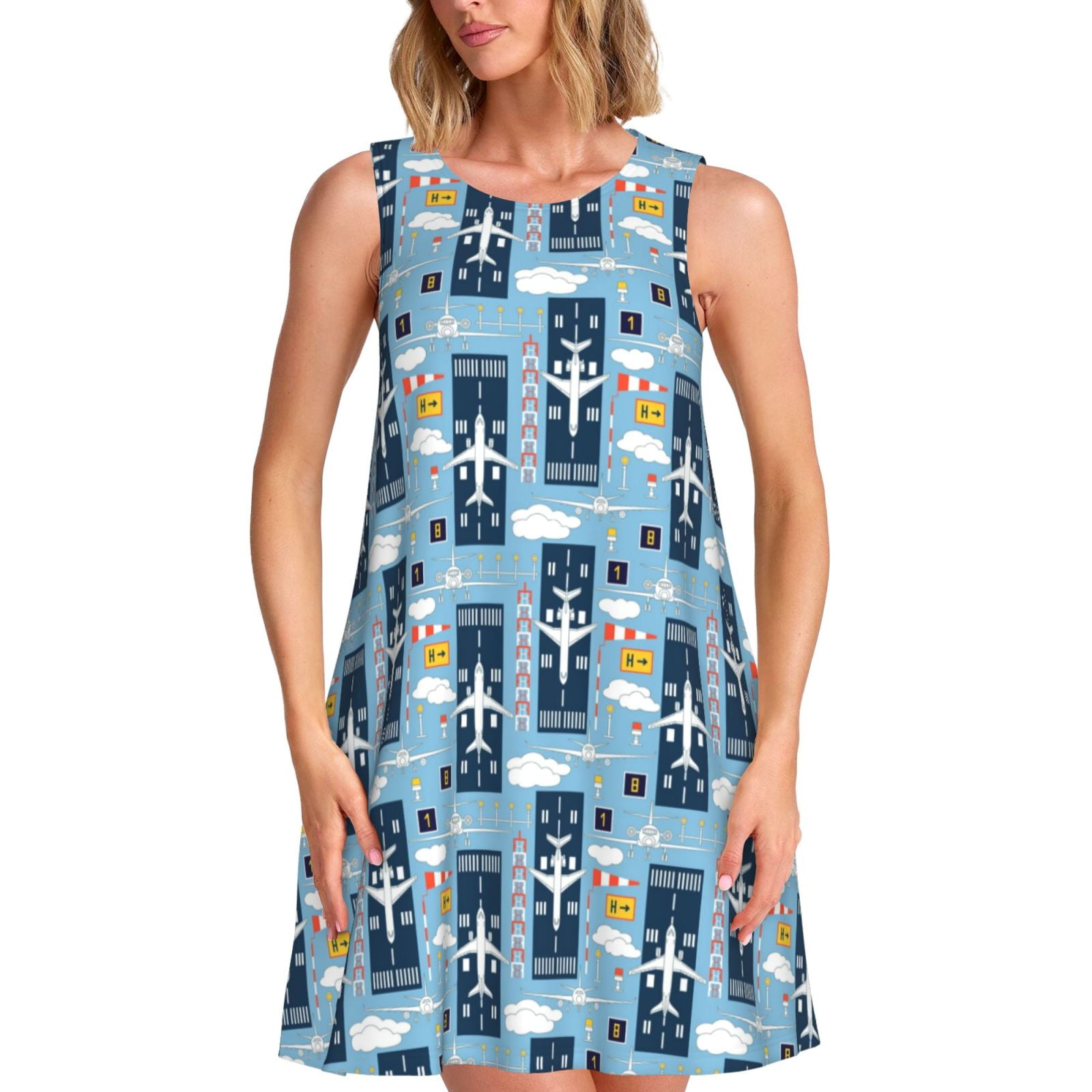 Rateoe Airplanes and Aviation Signs Pattern Women’s Sleeveless Dress ...