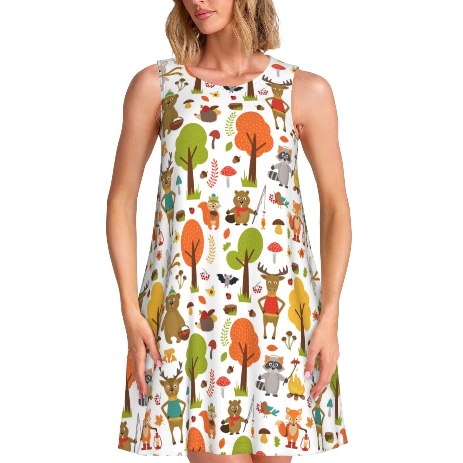 Rateoe Animals Forest Pattern Women’s Sleeveless Dress,Casual Summer ...