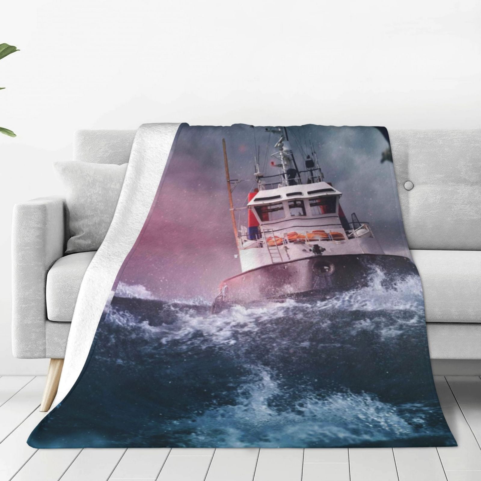 Rateoe Boat Lighthouse Storm Waves Print Fuzzy Fleece Throw Blanket ...