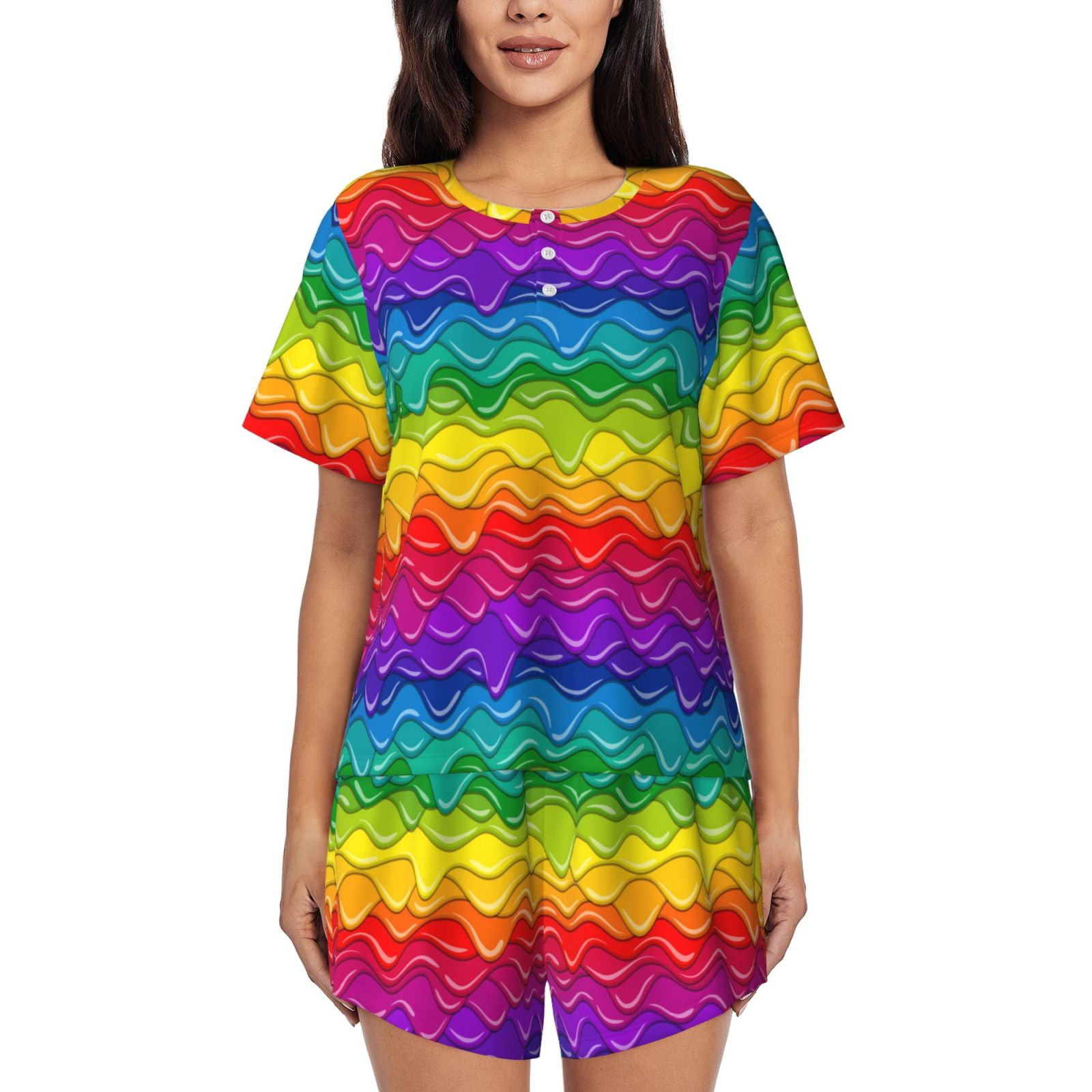 Rateoe Bright Rainbow Pattern Women's Short-Sleeved Pajama Set - 2 ...