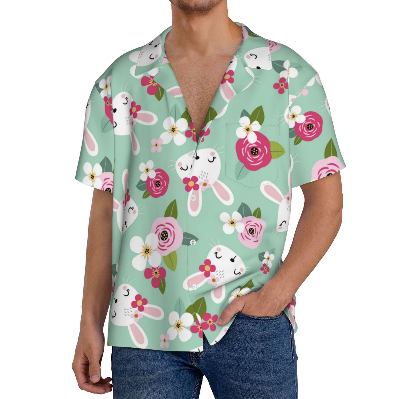 Rateoe Bunny And Rose Pattern Men's Short Sleeve Classic Shirt, Casual ...
